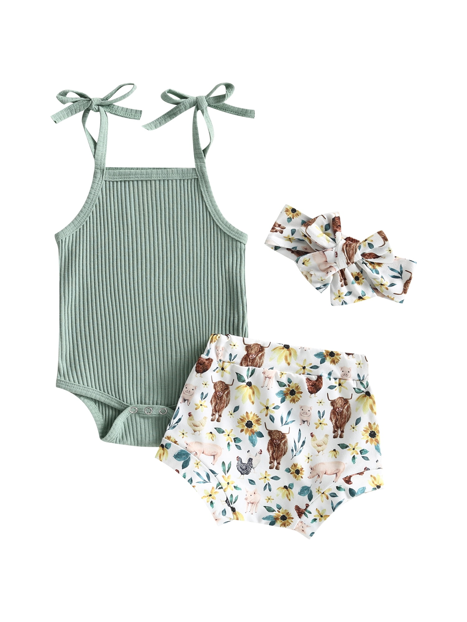 Qtinghua Western Baby Girl Outfit Sleeveless Strap Ribbed Romper Top Cow Print Shorts Headband ...