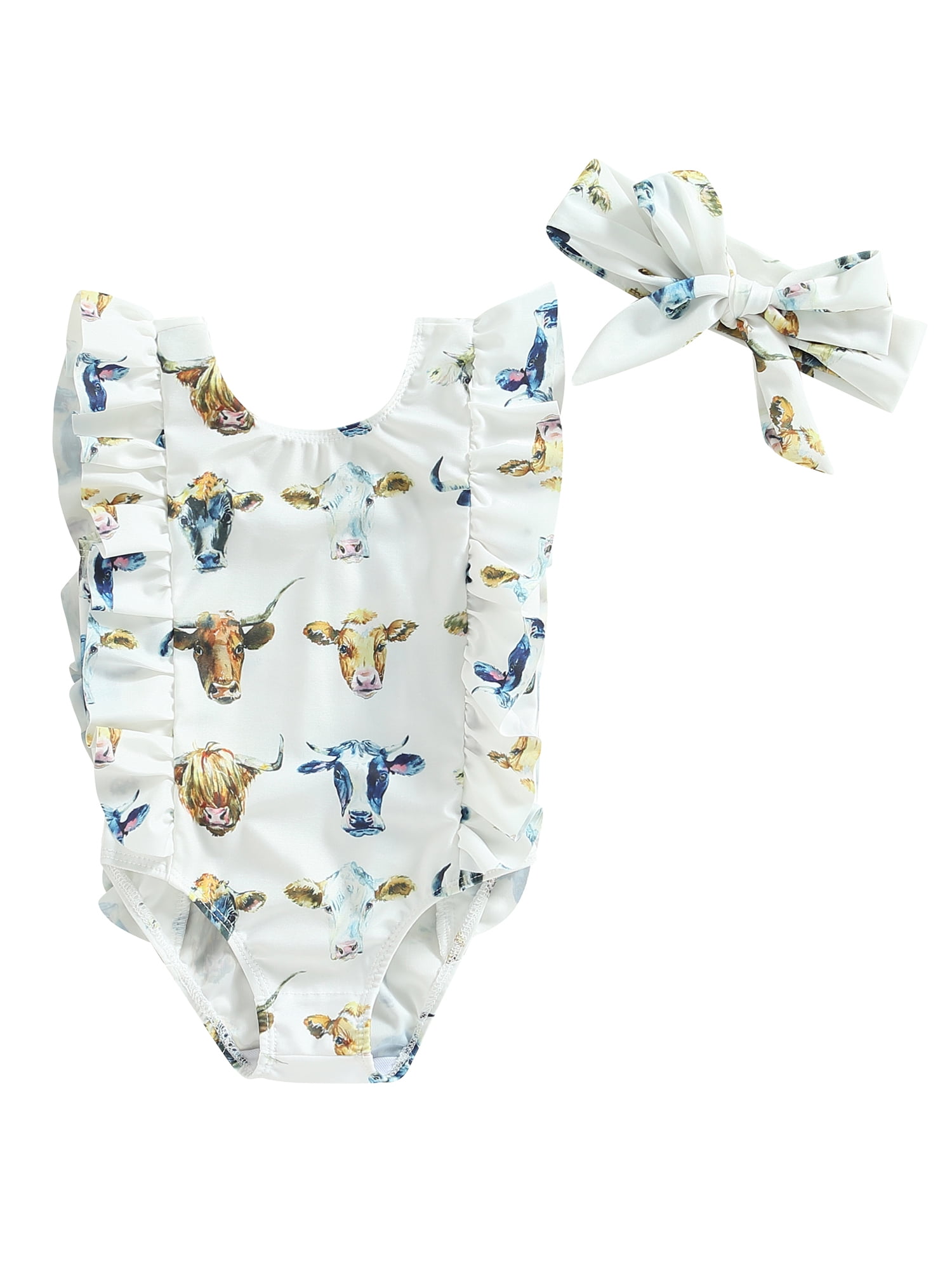 Qtinghua Western Toddler Baby Girls Swimsuit Cow Print Swimwear Ruffle Romper Bathing Suit with ...