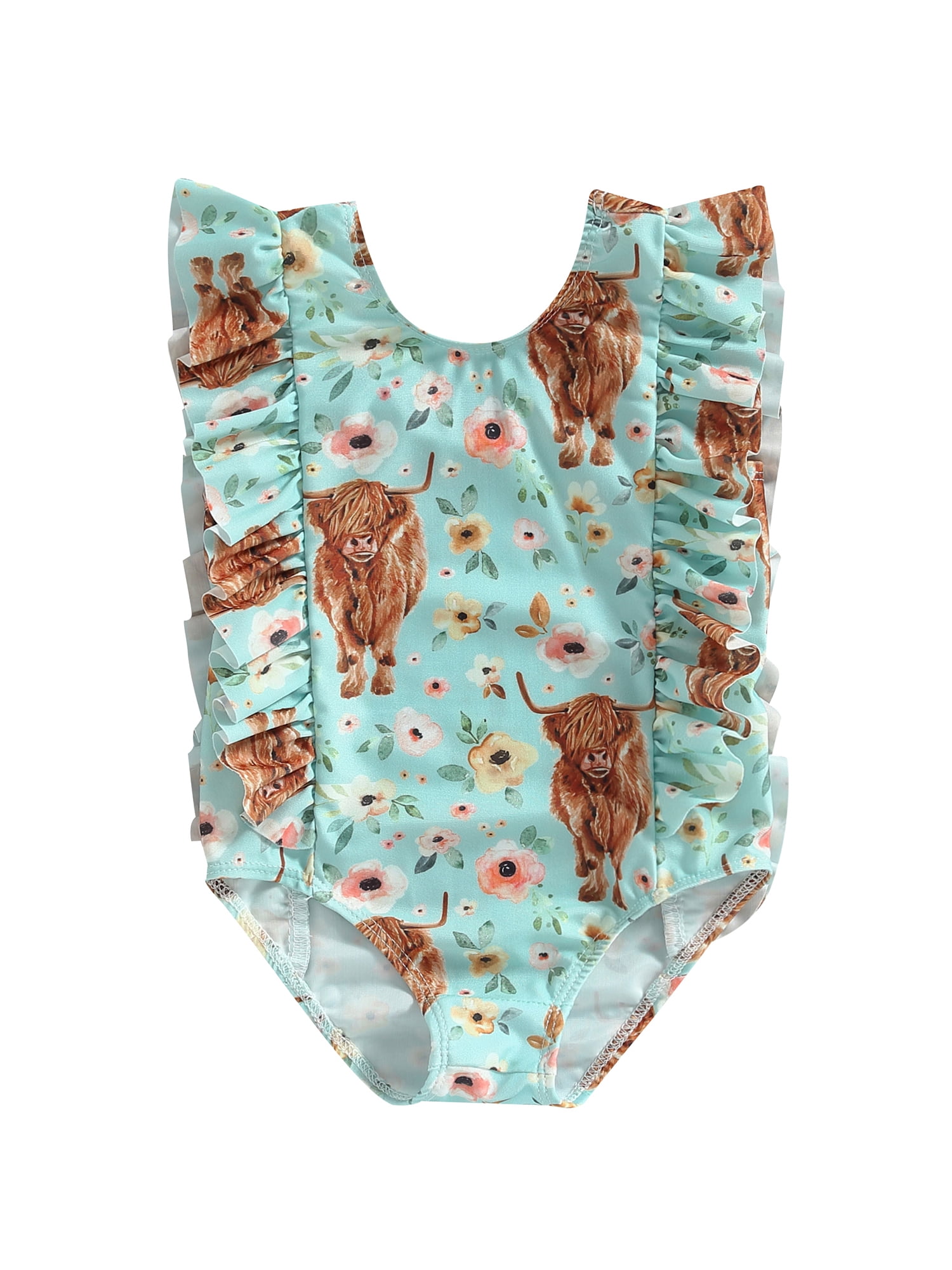 Qtinghua Western Toddler Baby Girls Swimsuit Sleeveless Cow Print Ruffle Swimwear Floral Bathing ...