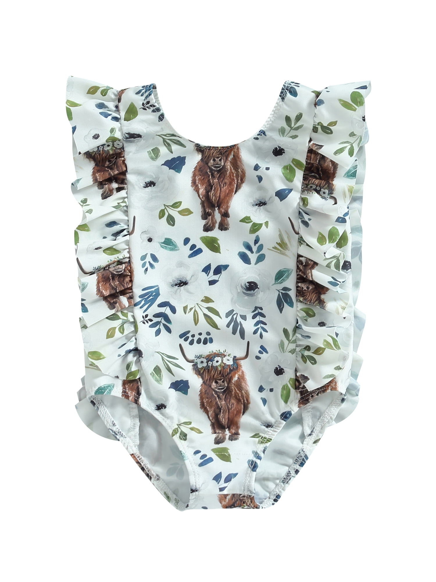 Qtinghua Western Toddler Baby Girls Swimsuit Sleeveless Cow Print Ruffle Swimwear Floral Bathing ...