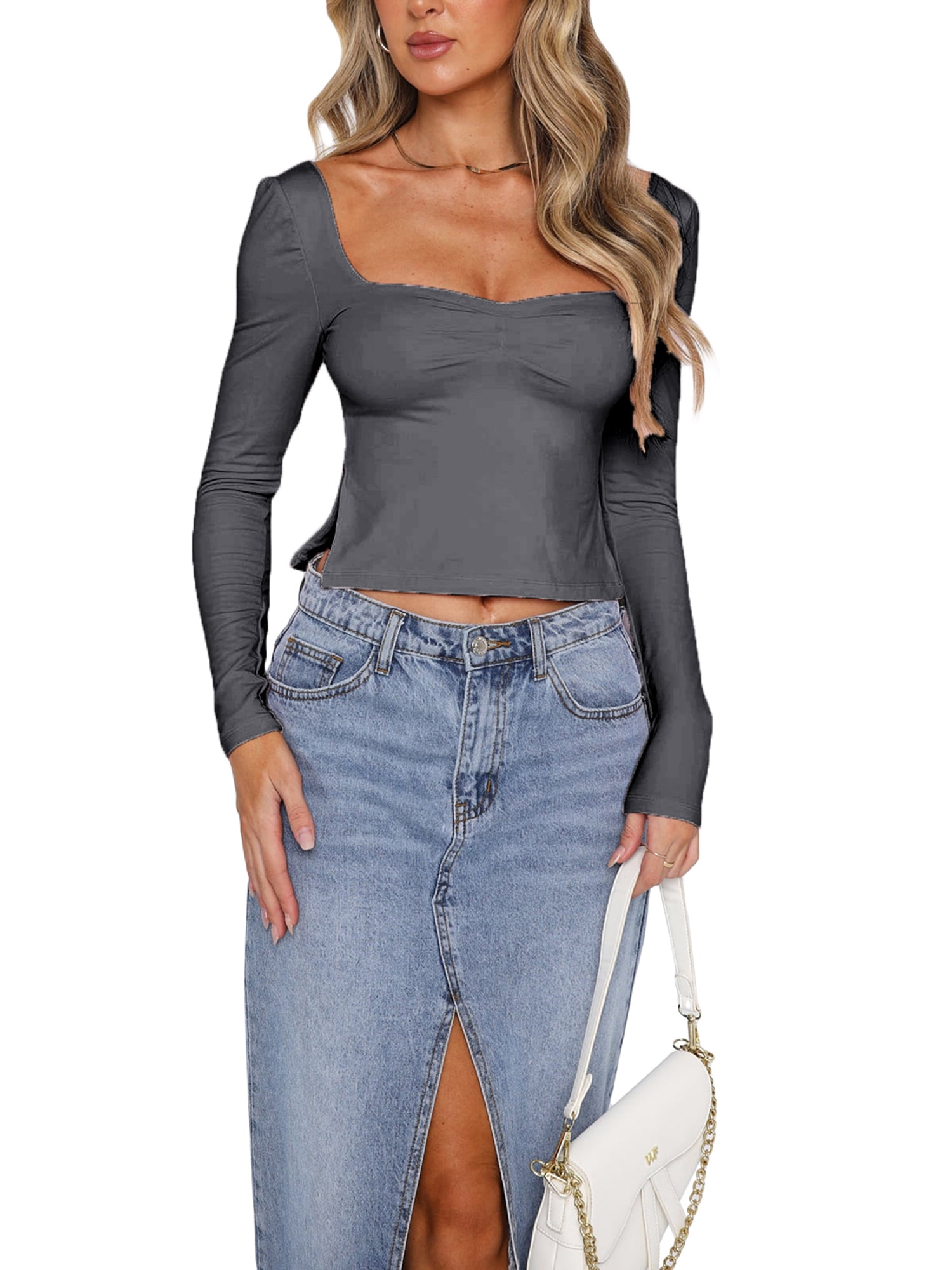Qtinghua Women's Long Sleeve Sweetheart Neck Crop Top Sexy Side Slits ...