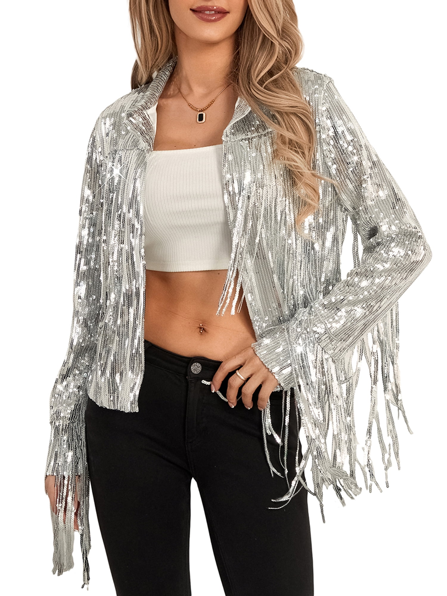 Qtinghua Women's Sequin Long Sleeve Jacket Sparkle Glitter Tassel ...