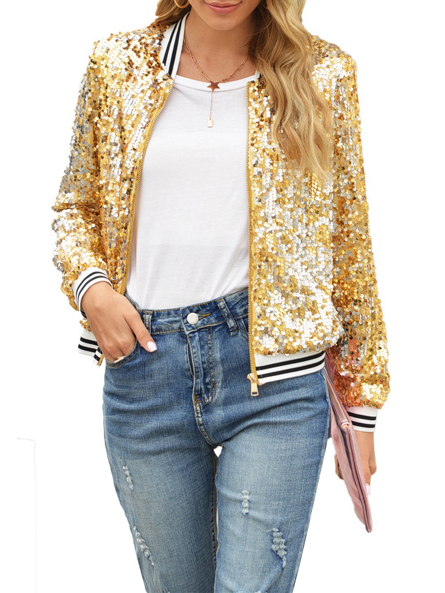 Qtinghua Women's Sparkly Jacket Long Sleeve Zip Up Sequin Bomber Jacket ...