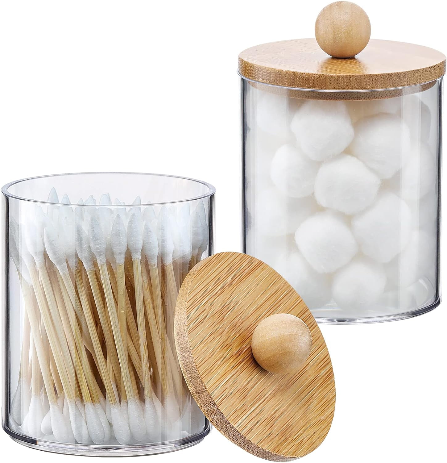 Qtip Holder Dispenser with Bamboo Lids - Clear Plastic Apothecary Jar ...
