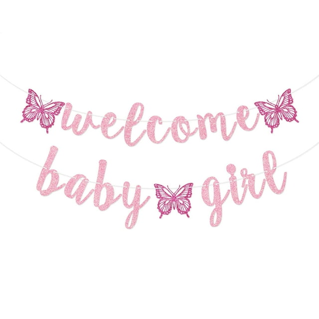 Qttier Welcome Baby Girl Banner, Butterfly Baby Girl Banner, Girl Baby ...