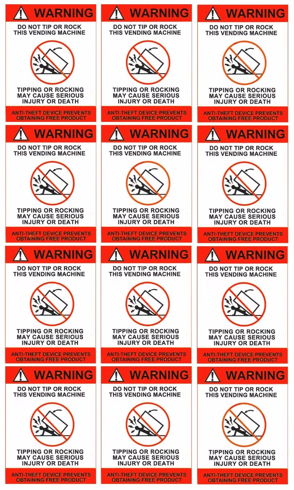 Qty 12-Soda Machine Required Safety Decals, Warning Do Not Tip Labels ...