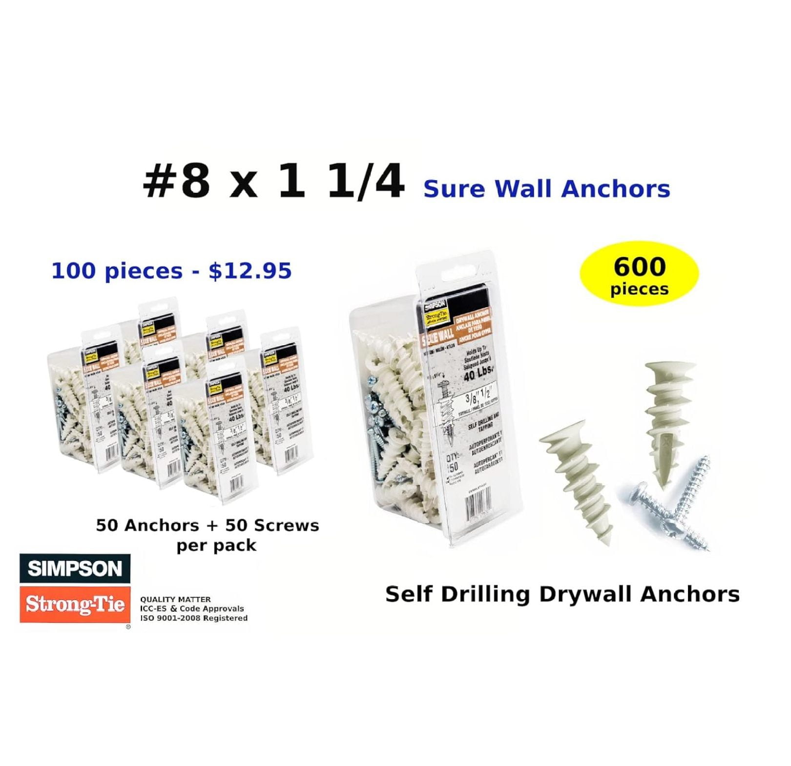 (Qty 600) #8 x 1 1/4" Wall Anchors and Screws Hollow Door Hollow Wall ...