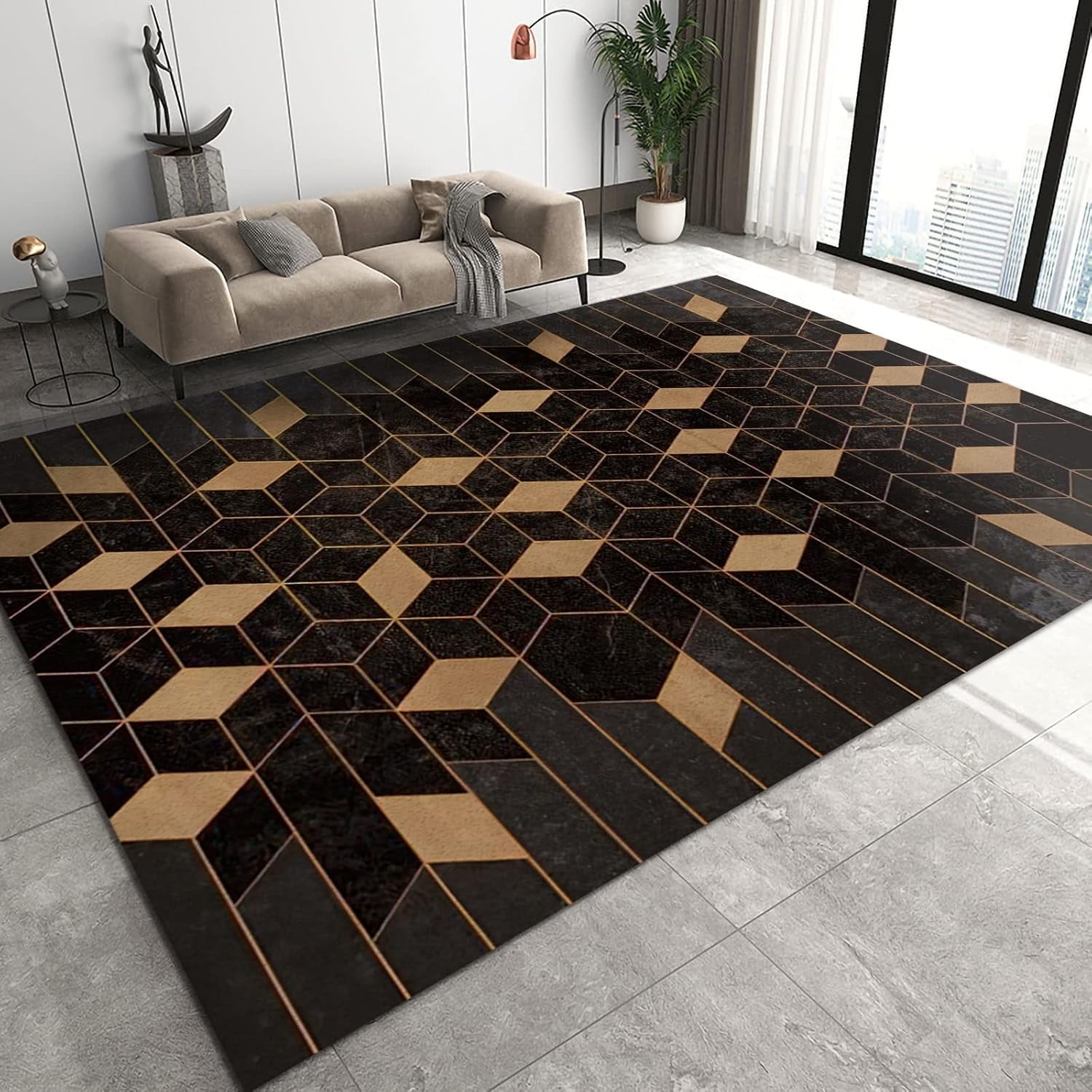 Quadrangular Tile Area Rugs, Black Geometric Rug, Rugs for Bedroom Easy ...