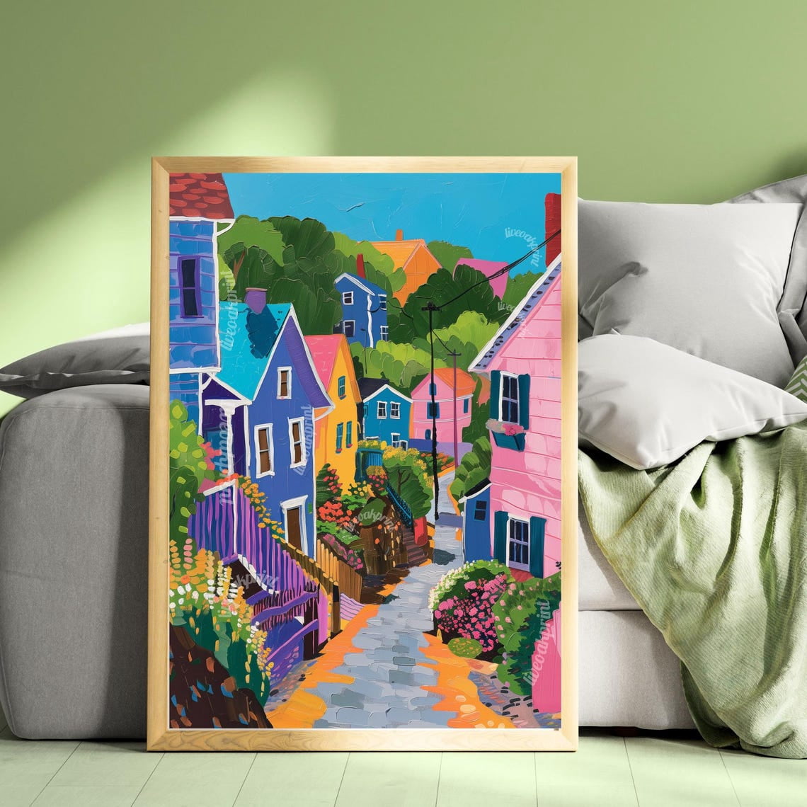 Quaint And Cozy Little Town Print - Colorful Neighborhood Wall Art ...