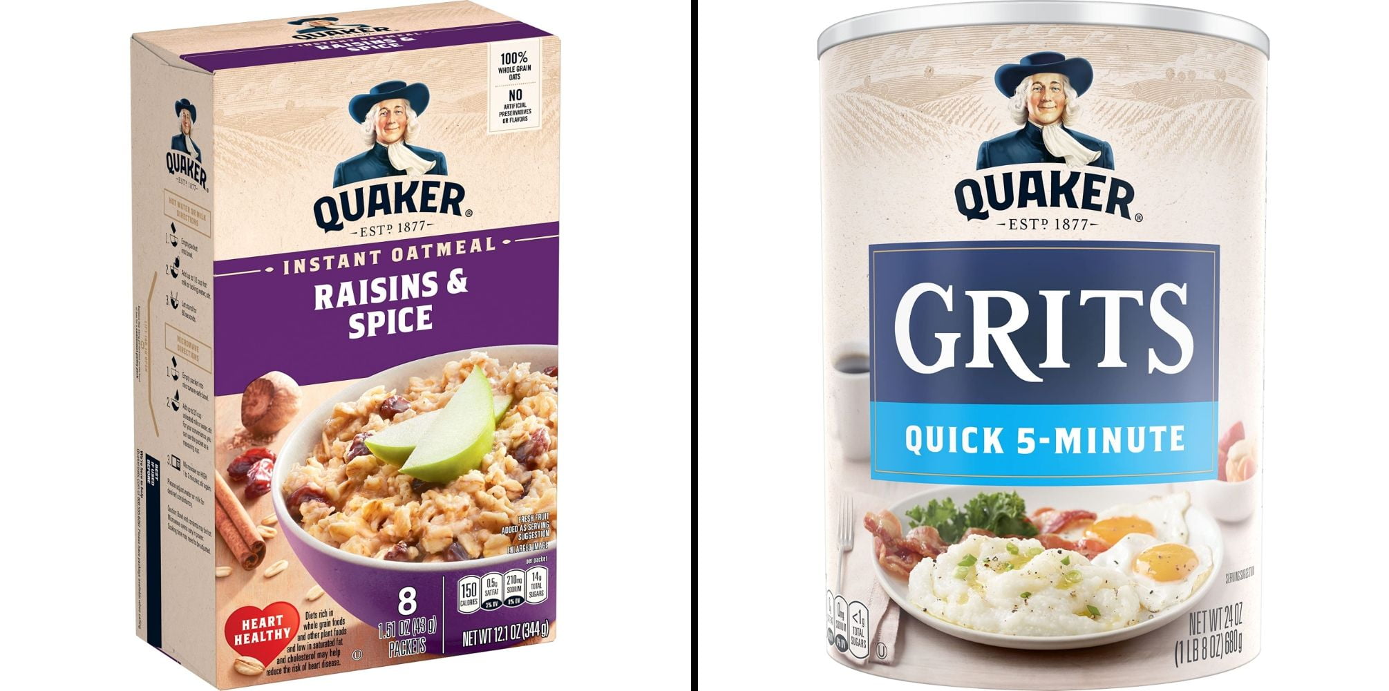 Quaker 5-Minute Grits 24 Oz & Instant Oatmeal Raisins & Spice 1.51 Oz 8 ...