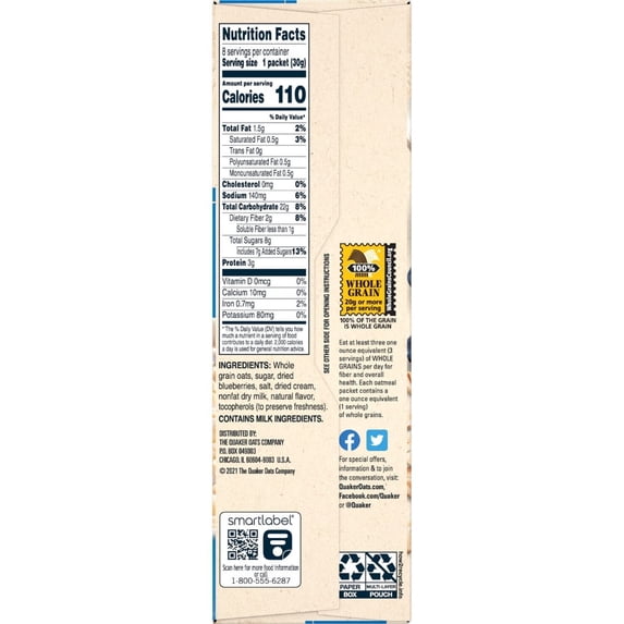 Quaker Blueberry & Cream Instant Oatmeal - 8 ct - Walmart.com