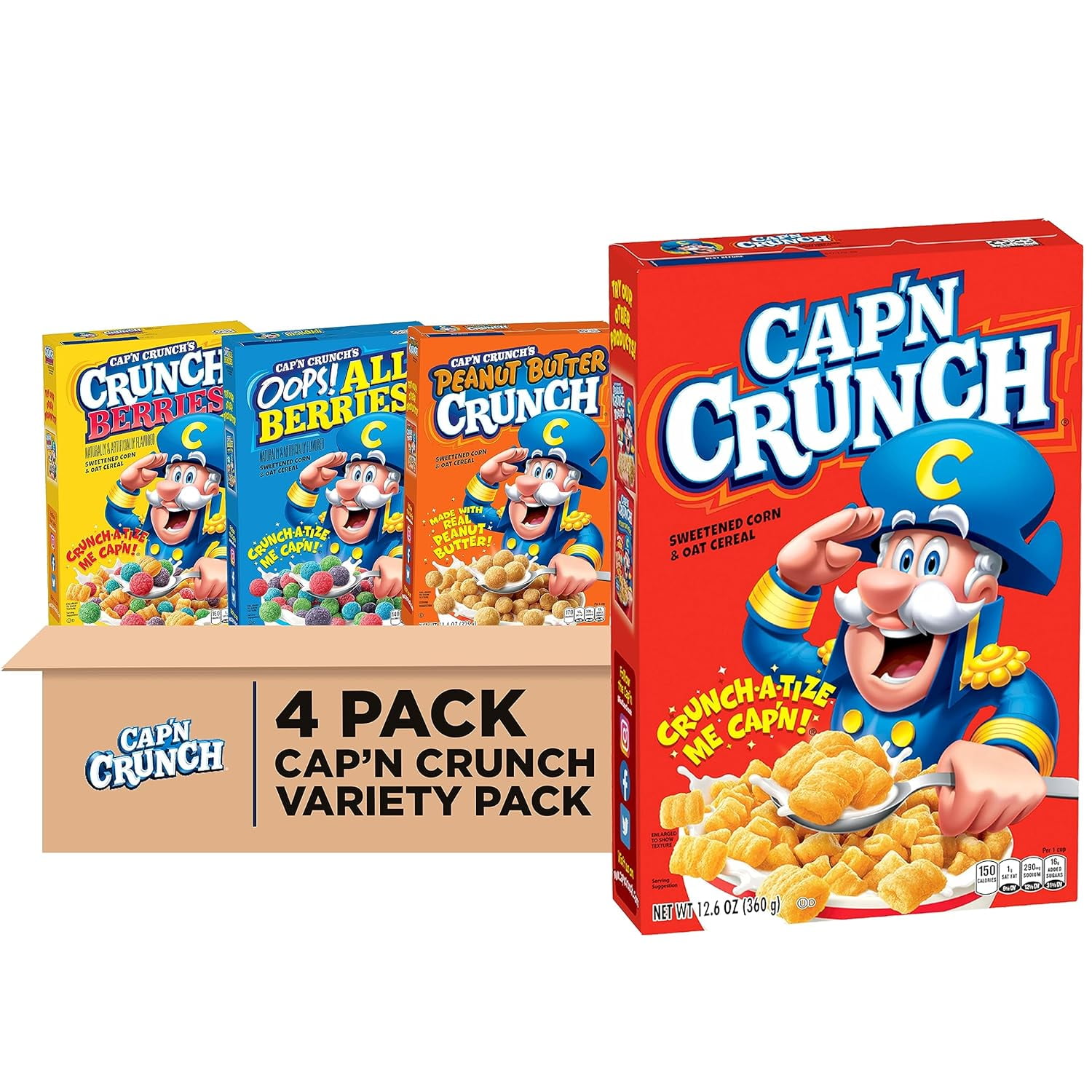 Quaker Cap'n Crunch Breakfast Cereal, 4 Flavor Variety Pack, (4 Pack ...