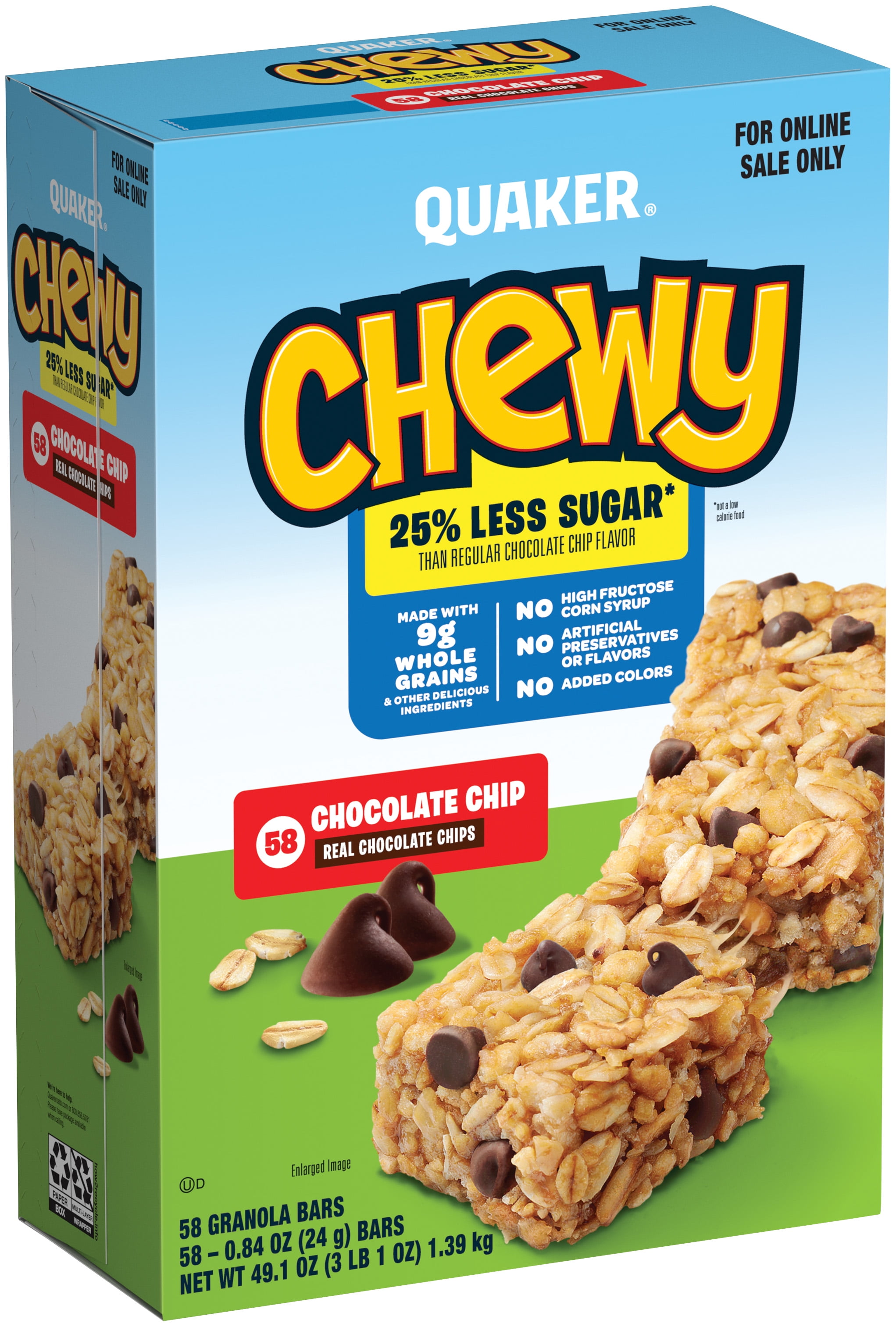 Quaker Chewy Granola Bars, 25% Less Sugar Chocolate Chip, 58 Count ...