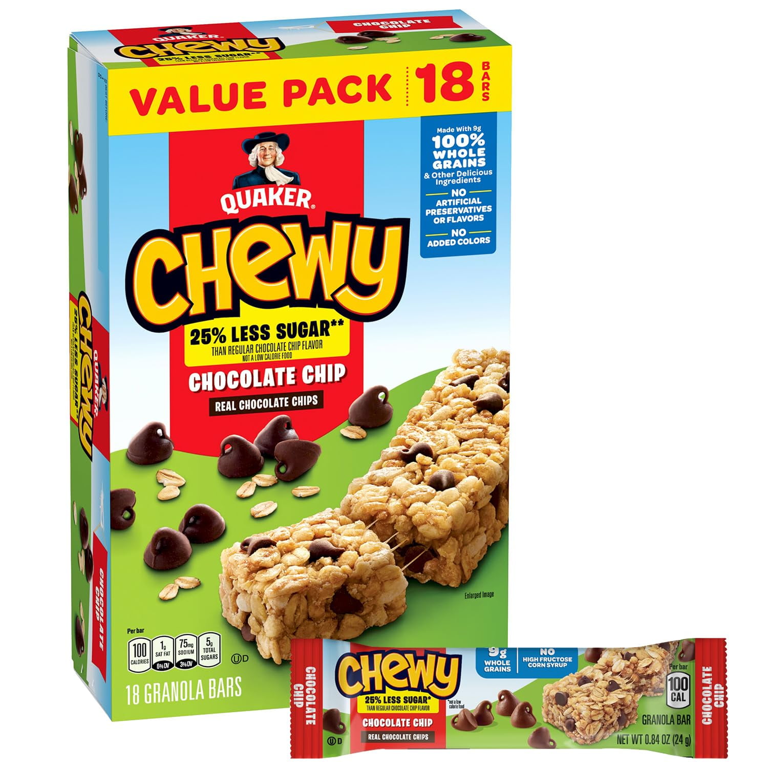 Quaker Chewy Granola Bars, Reduced Sugar Chocolate Chip, 18 Pack ...