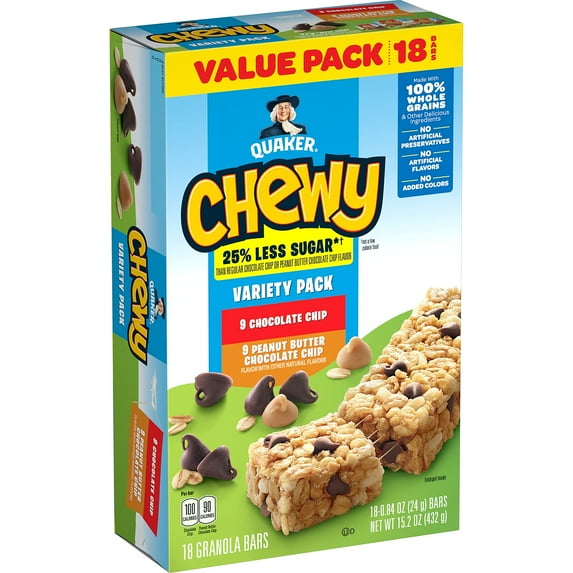 Quaker Chewy Granola Bars, 25% Less Sugar, 2 Flavor Variety Pack, (18 ...