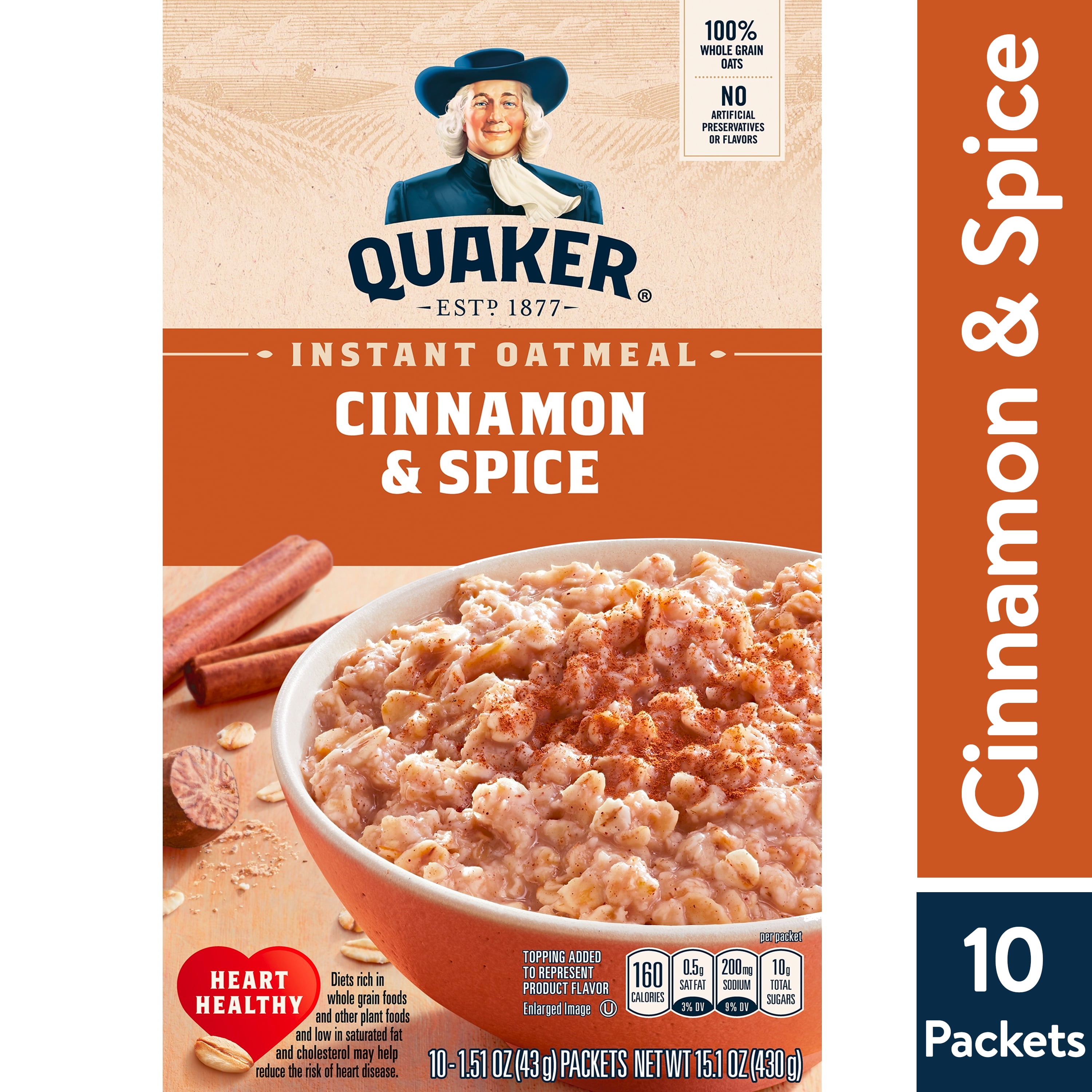 Quaker Instant Oatmeal, Cinnamon & Spice, 1.51 oz, 10 Packets, Heart ...