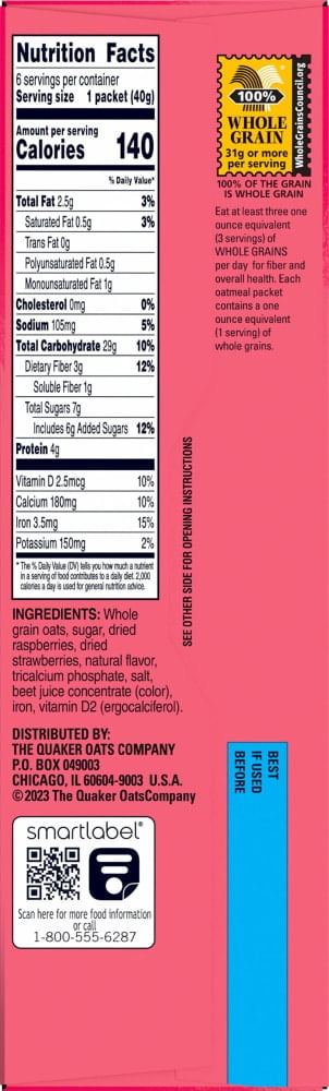 Quaker Fruit Fusion Raspberry Strawberry Instant Oatmeal - 6 ct - Pack ...
