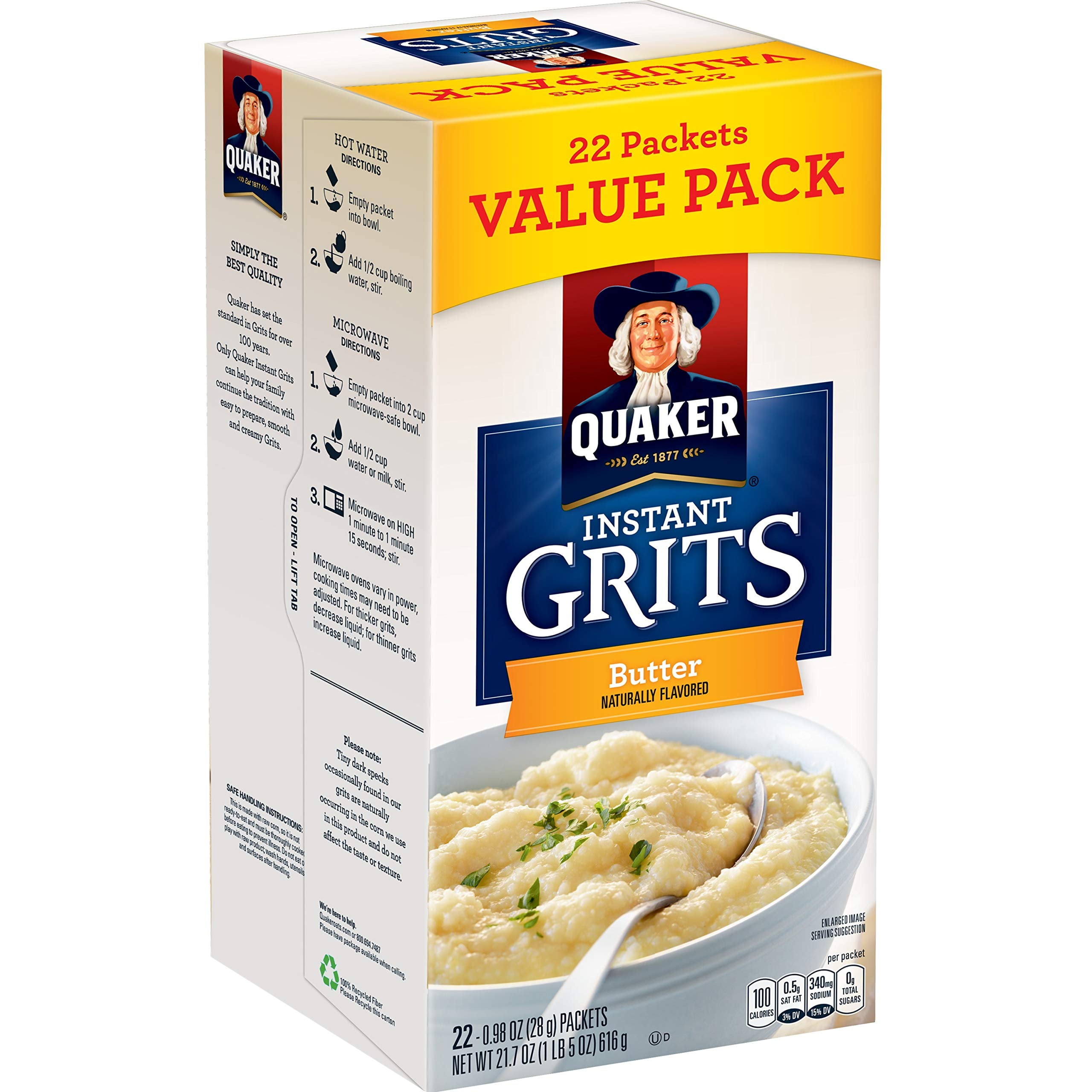 Quaker Instant Grits, Butter Flavor, Creamy and Savory, 22 Individual ...