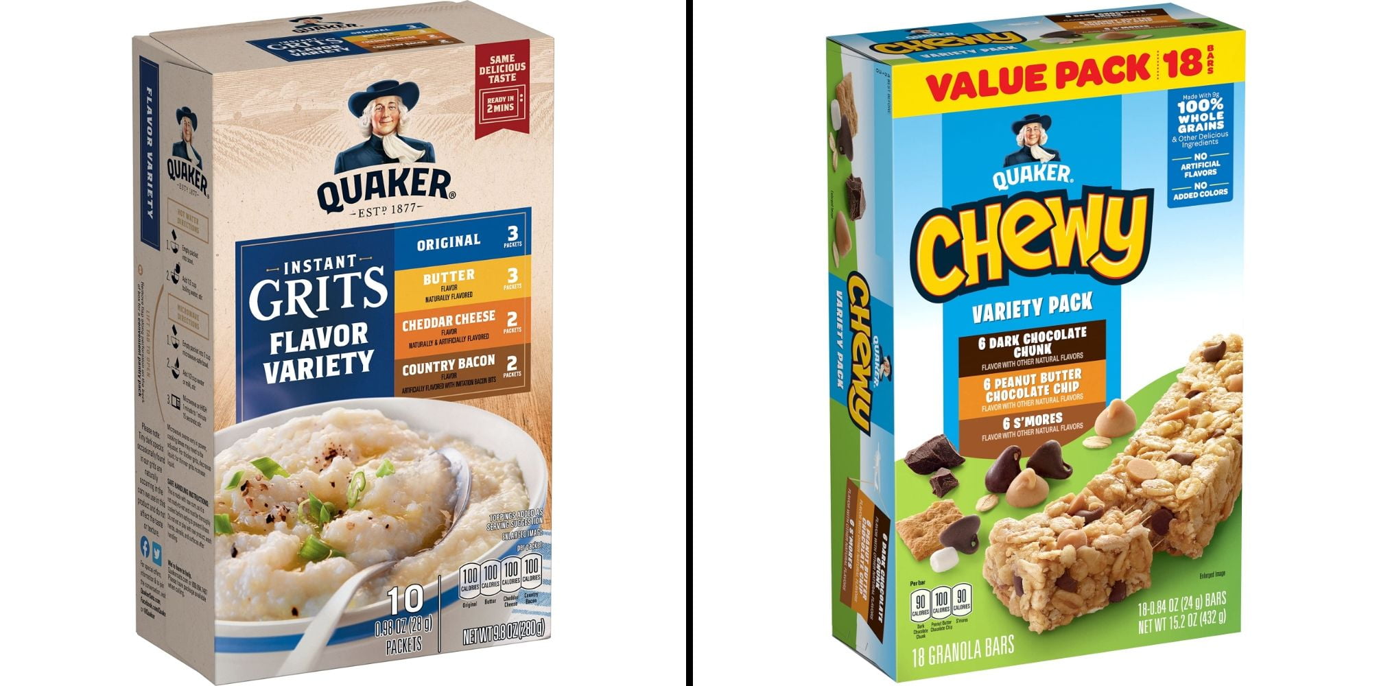 Quaker Instant Grits Variety Pack 0.98 Oz 10 Pack & Quaker Chewy ...