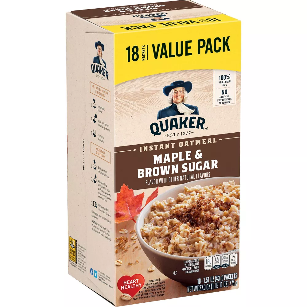 Quaker Instant Maple & Brown Sugar Flavored Oatmeal - 27.3oz/18ct ...