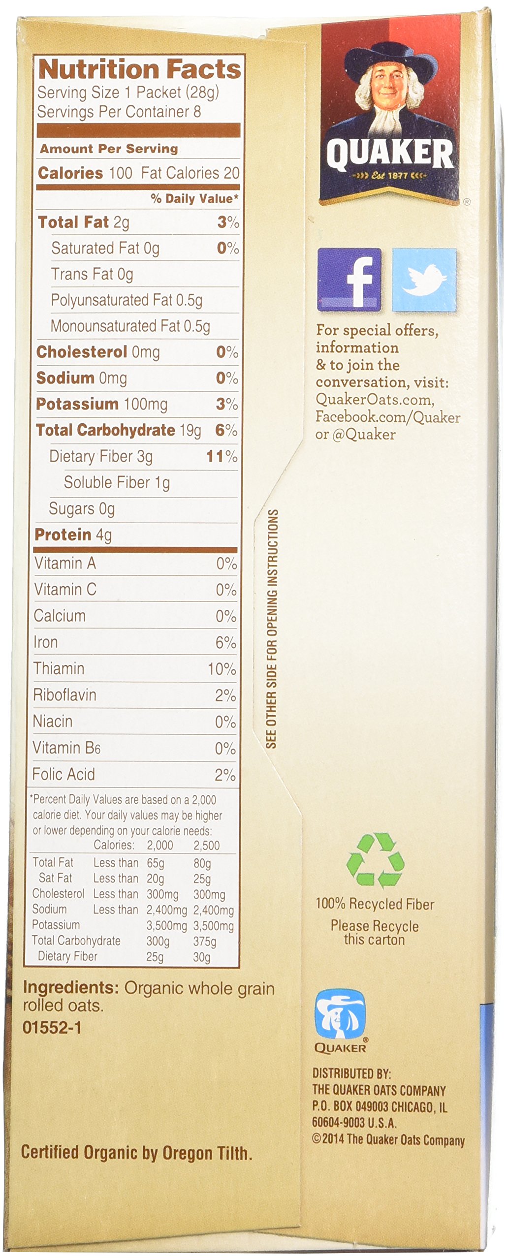 Quaker Instant Oatmeal AJH3 Organic Regular, .98 oz, 8-Count Boxes ...