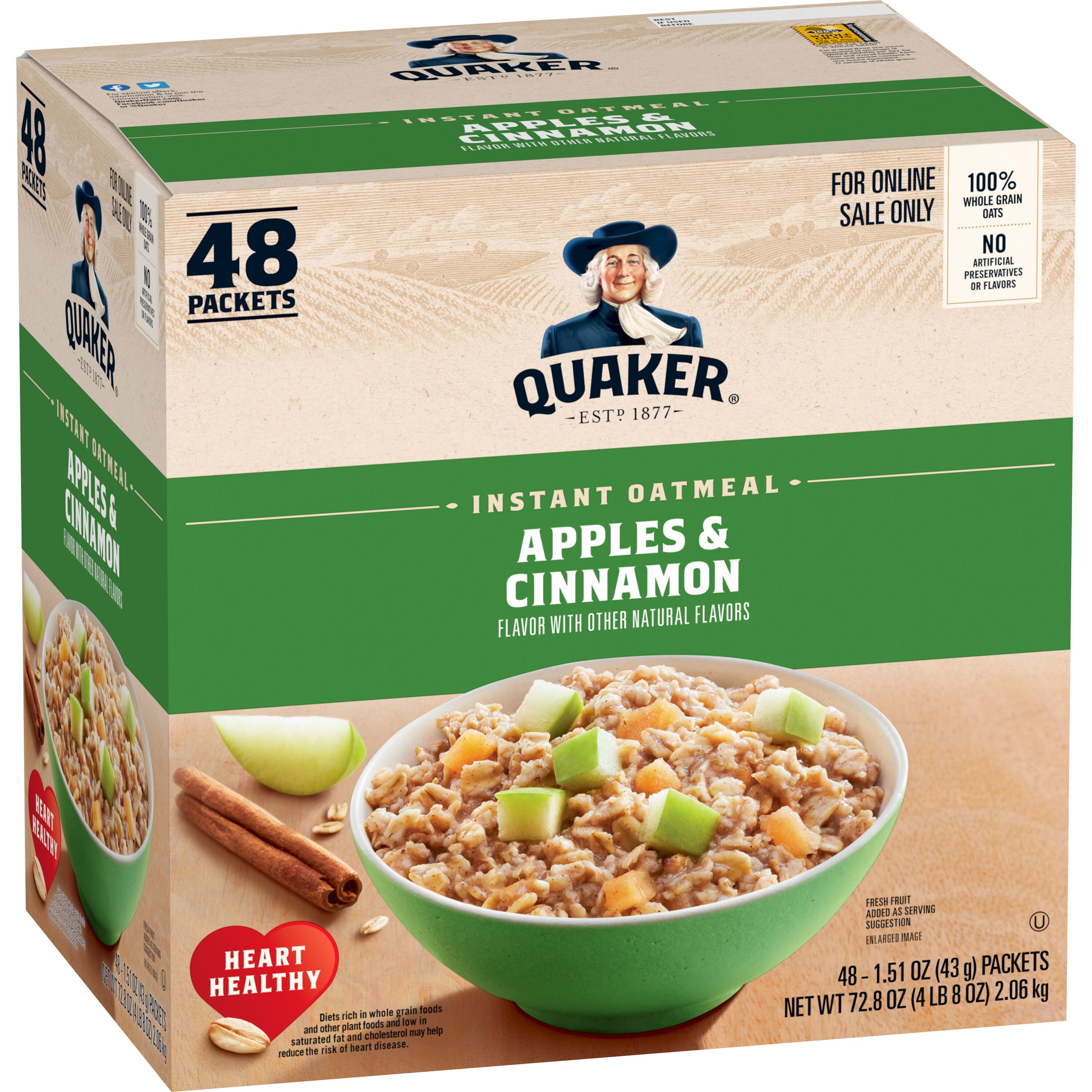Quaker Instant Oatmeal, Apples & Cinnamon, Individual Packets, 48 Count ...