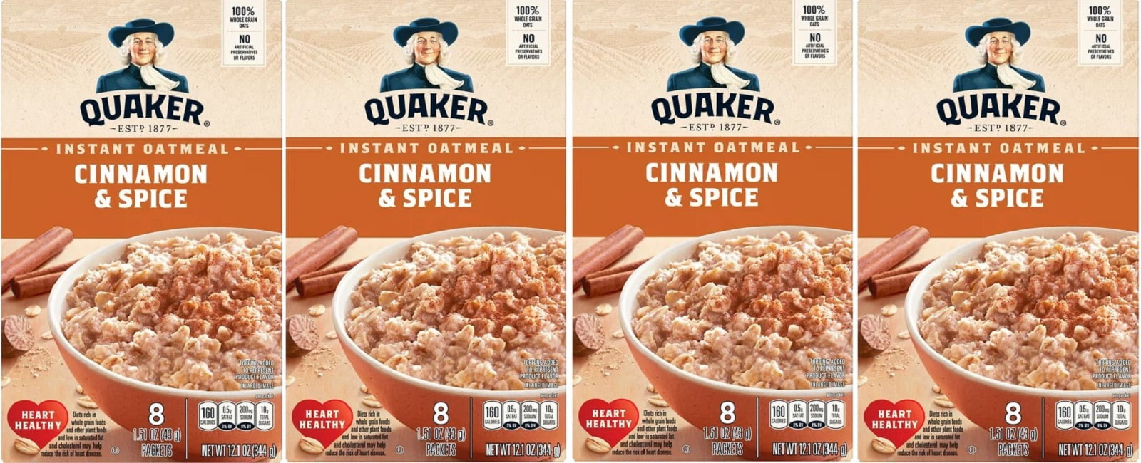 Quaker Instant Oatmeal, Cinnamon Spice, 8 ct, 12.1 oz Box (4 Pack ...