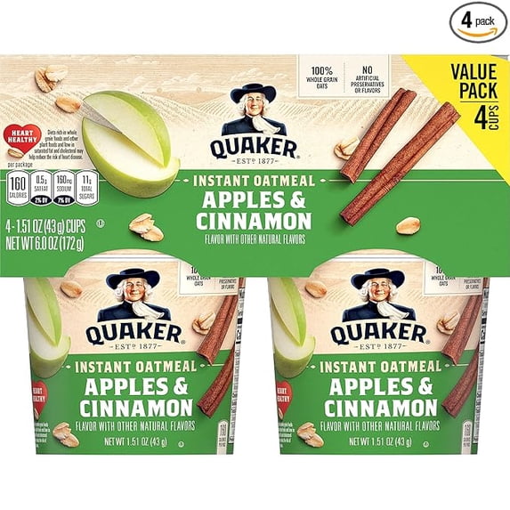 Quaker Instant Oatmeal Express Cups, Apples & Cinnamon, 1.51oz Cups (4 ...