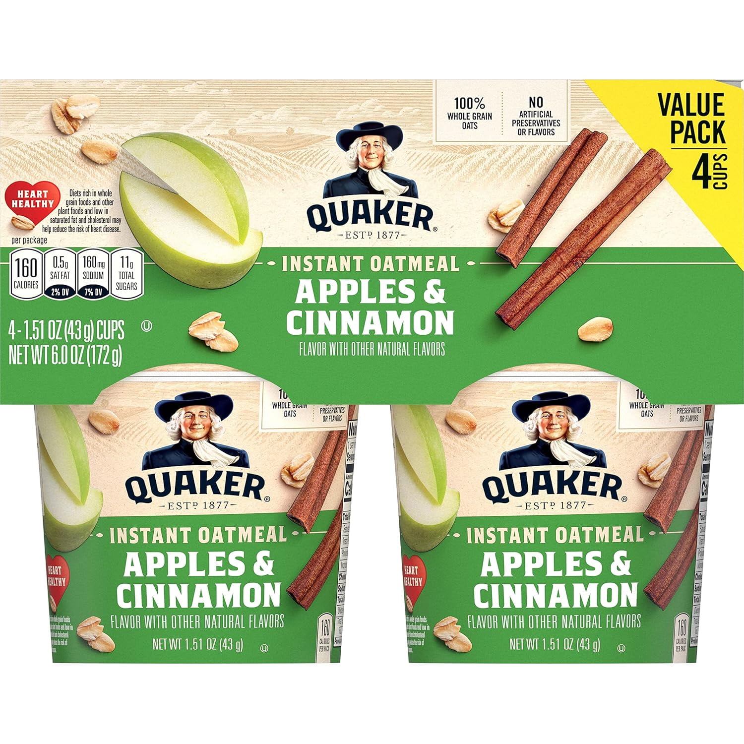 Quaker Instant Oatmeal Express Cups, Apples & Cinnamon, 1.51oz Cups (4 ...