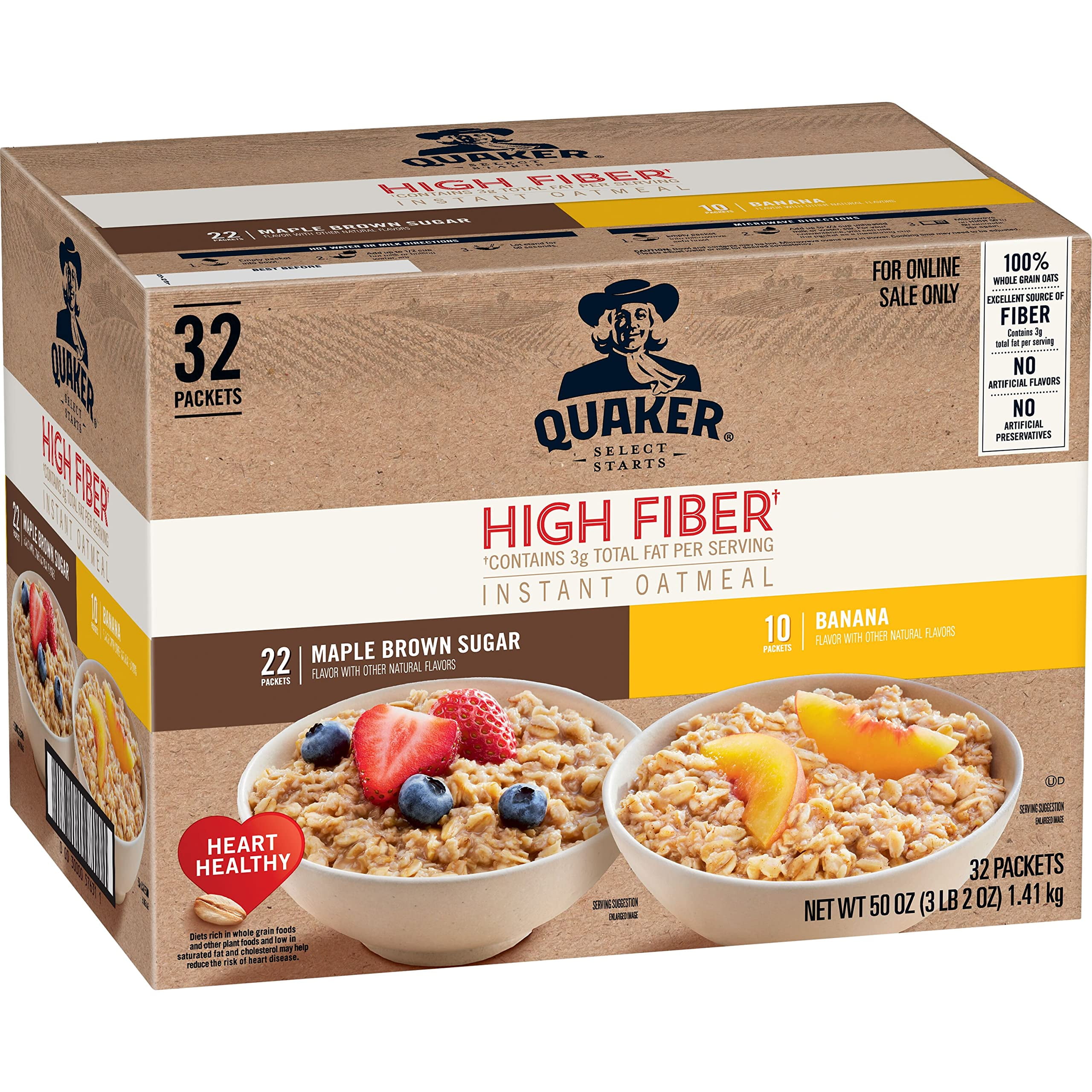 Quaker Instant Oatmeal, High Fiber 2 Flavor Variety (32 Pack)RDC20 ...