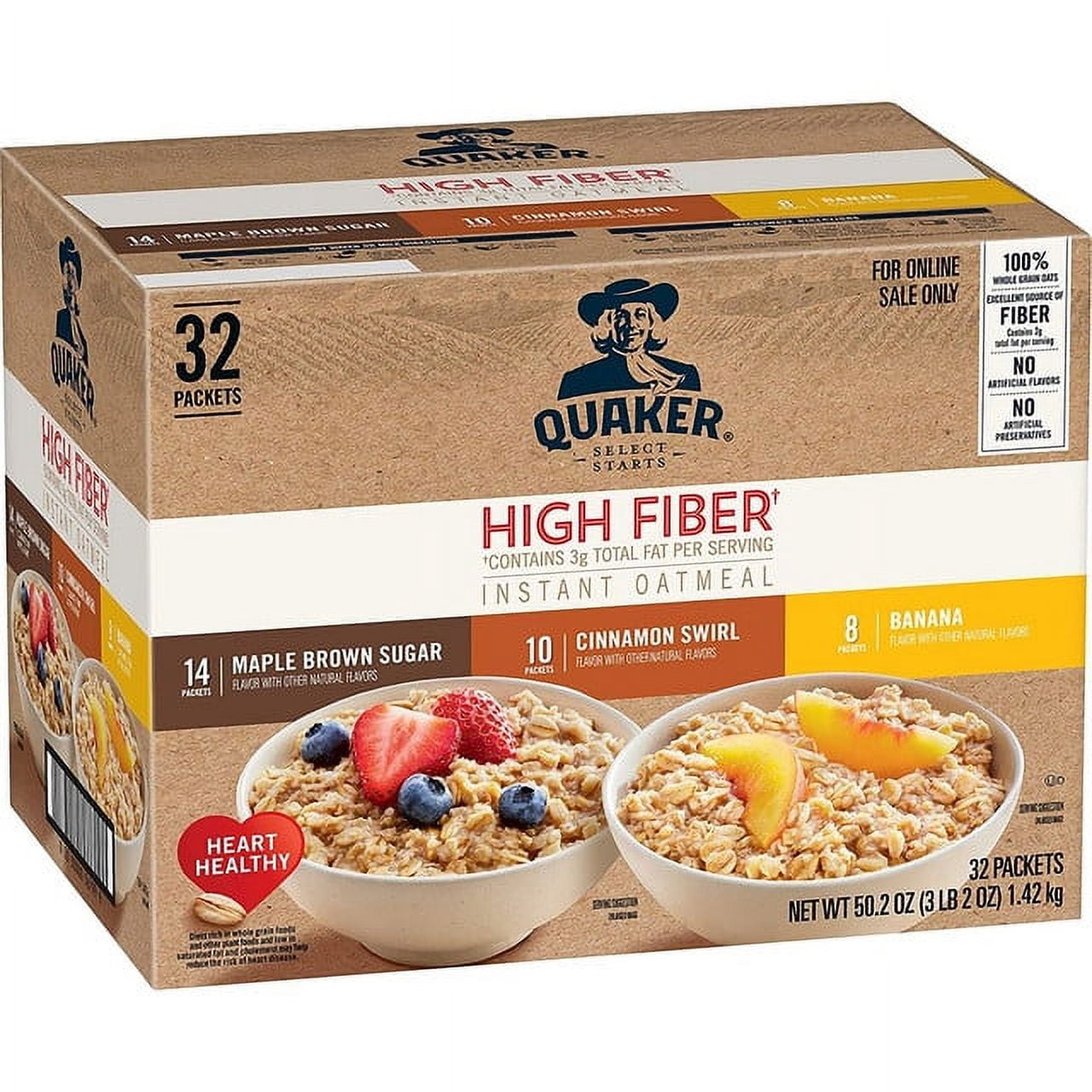 Quaker Instant Oatmeal, High Fiber 3 Flavor Variety Pack, Individual ...