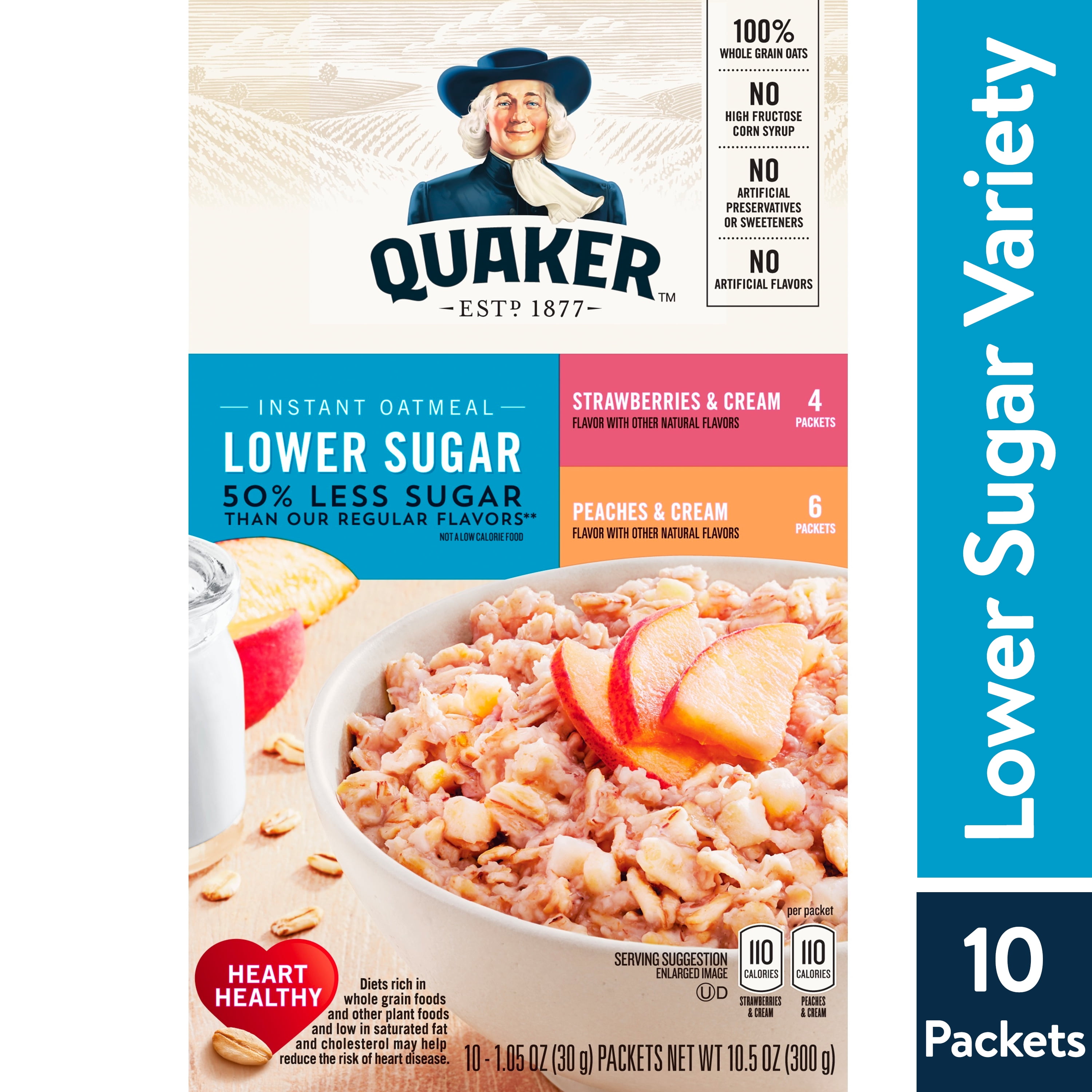 Quaker Instant Oatmeal, Low Sugar Fruit & Cream Variety Pack, 10 ...