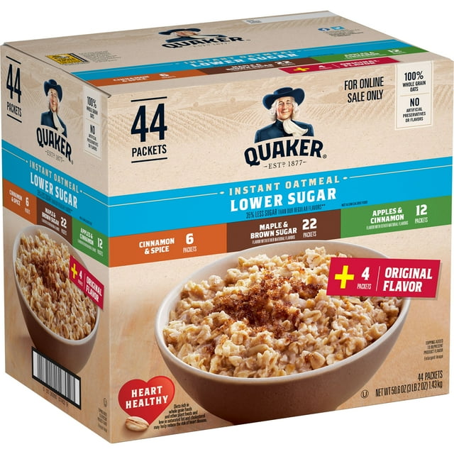 Quaker Instant Oatmeal, Lower Sugar, 4 Flavor Variety Pack, 44 Packets ...