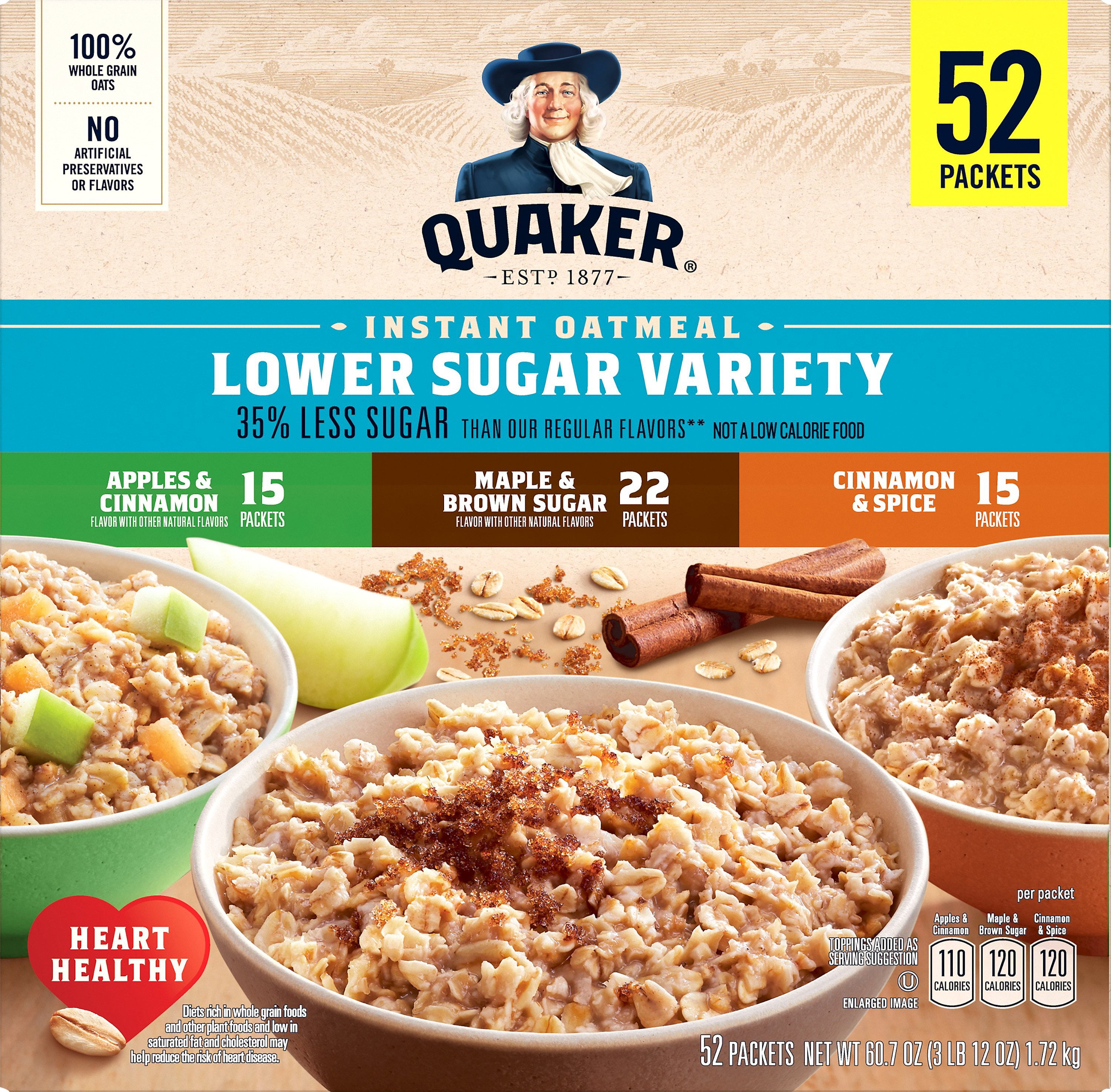 Quaker Whole Grain Oatmeal Packets, Lower Sugar, Variety Pack with ...