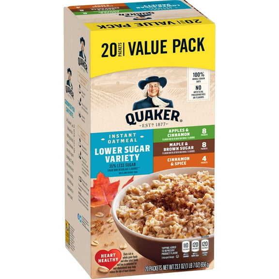 Quaker Lower Sugar Instant Oatmeal, Variety Pack, 52 pk, 35% Less Sugar ...