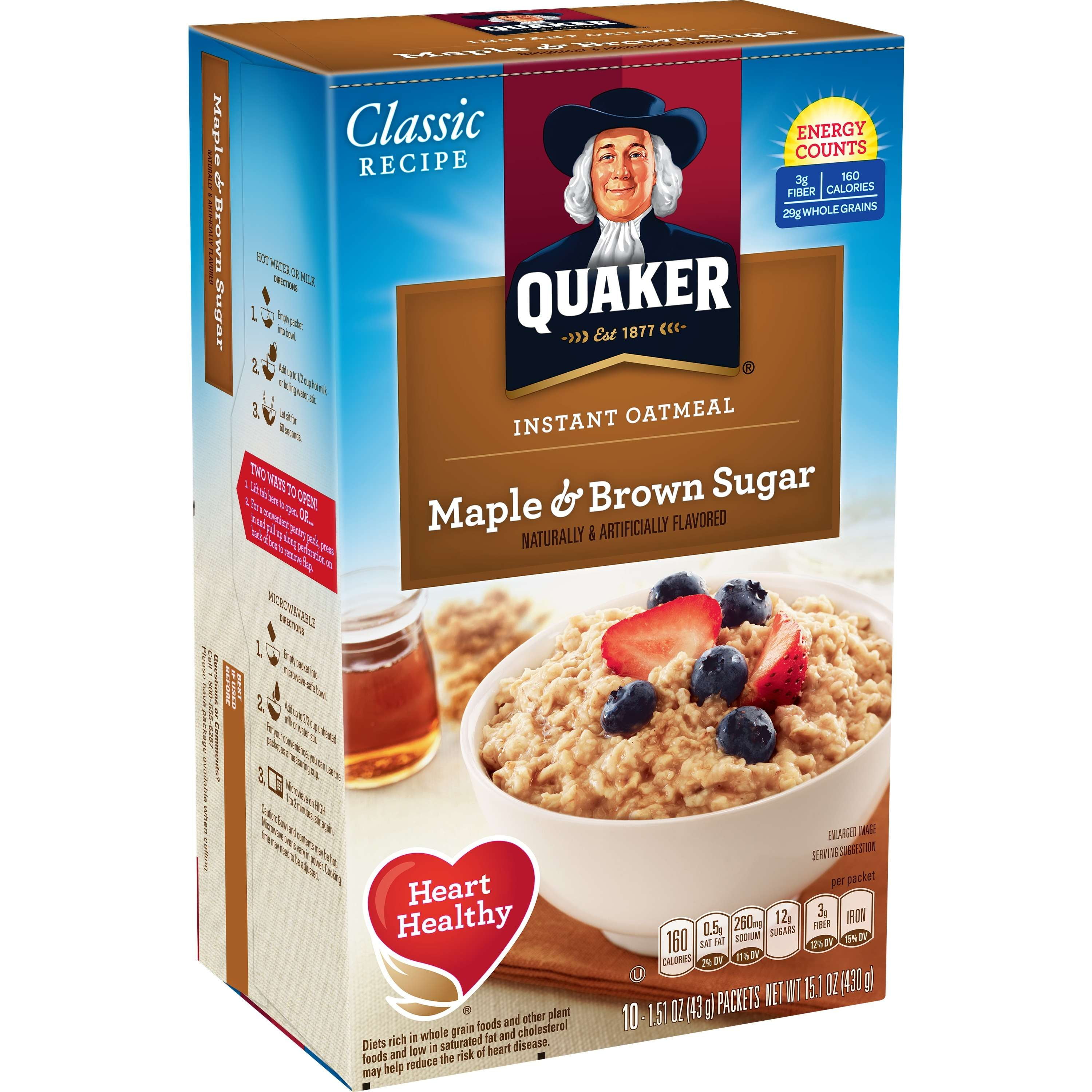 Quaker Original Flavor Instant Oatmeal, Maple & Brown Sugar, 10 ...