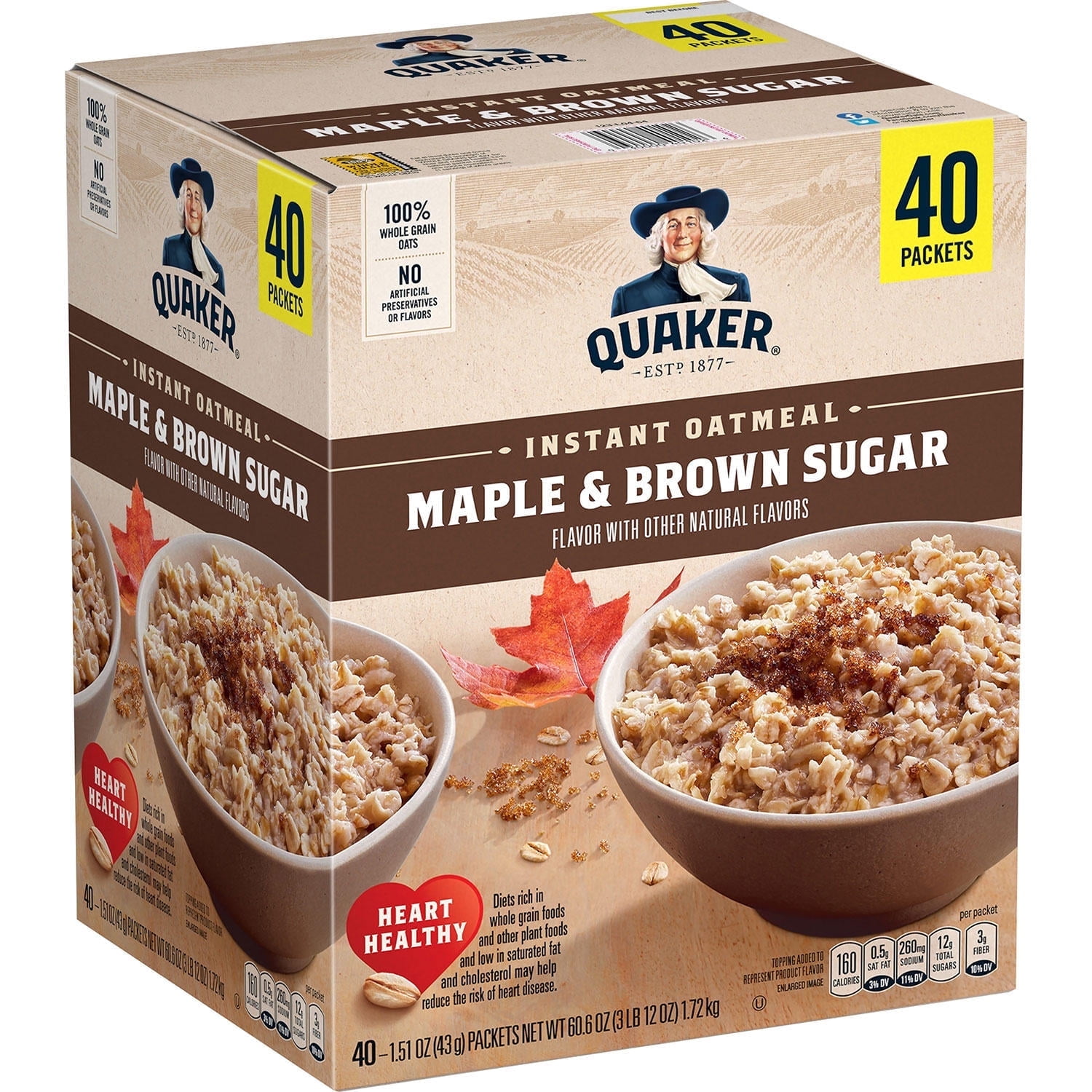 Quaker Instant Oatmeal, Maple Brown Sugar Flavor, 40 Packets, 100% ...