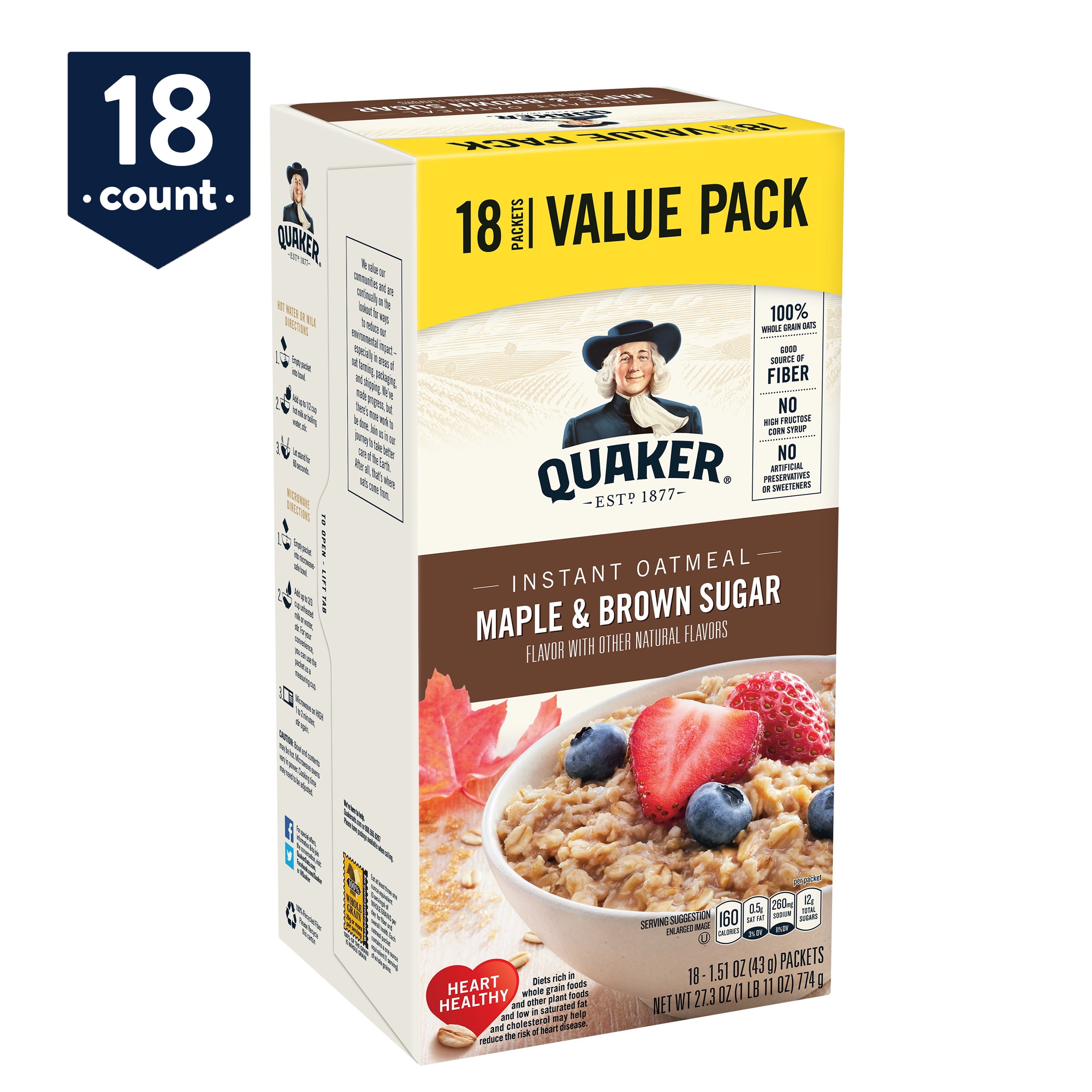 Quaker Instant Oatmeal Maple & Brown Sugar, Quick Cook Oatmeal, 1.51 oz ...