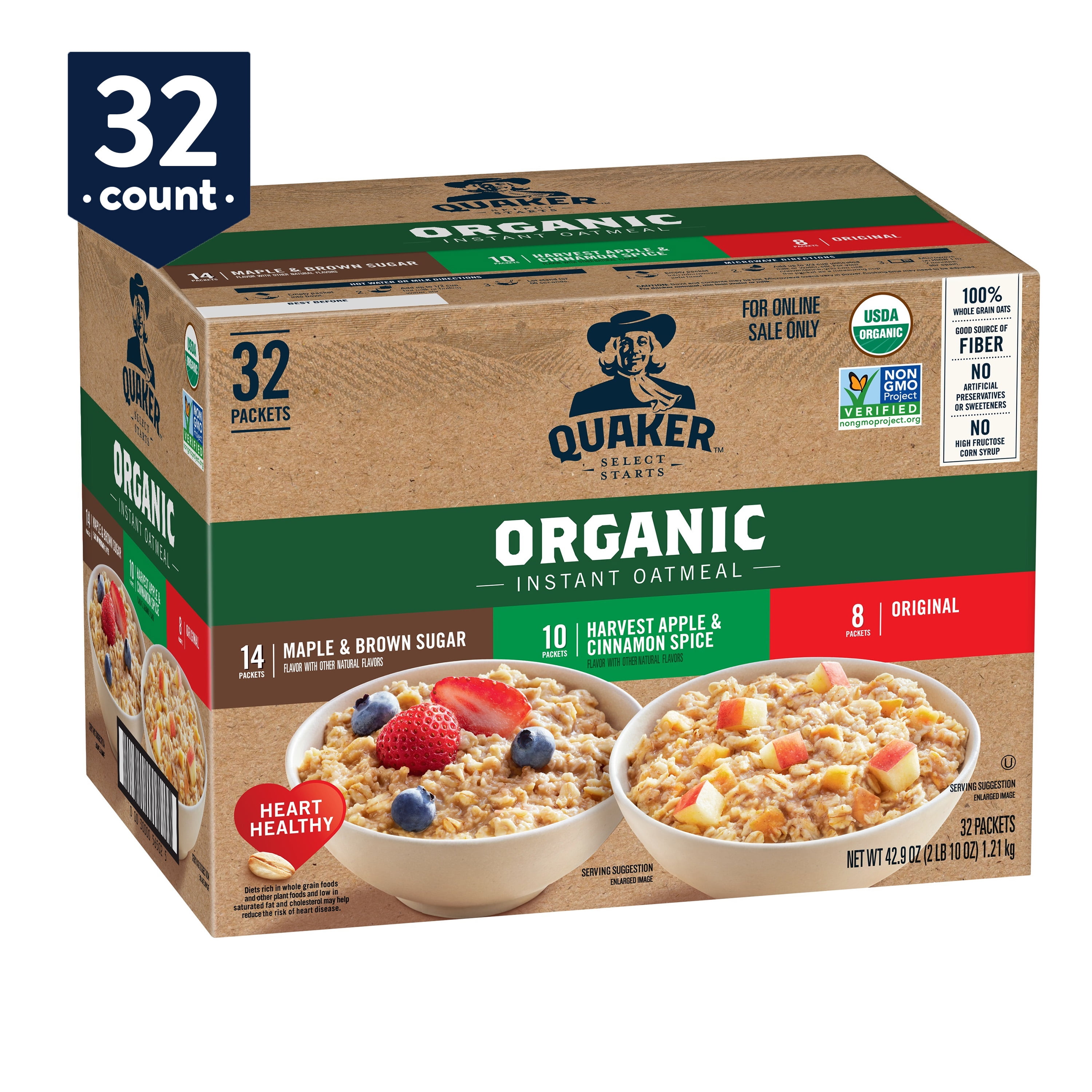 Quaker Instant Oatmeal, Organic, 3 Flavor Variety Pack, Individual ...