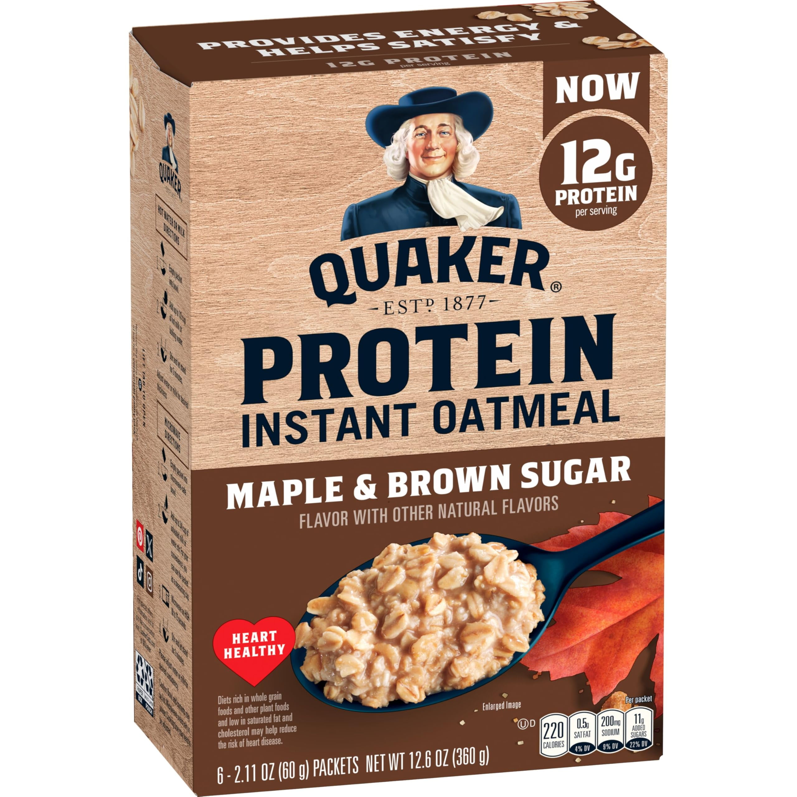 Quaker Instant Oatmeal, Protein Maple Brown Sugar, 12G Protein, 12.6 Oz ...