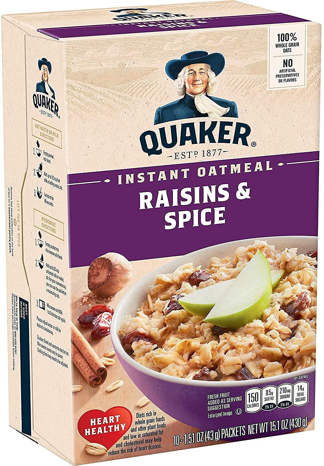 Quaker Instant Oatmeal, Raisin STF9 & Spice, Breakfast Cereal, 10 count ...