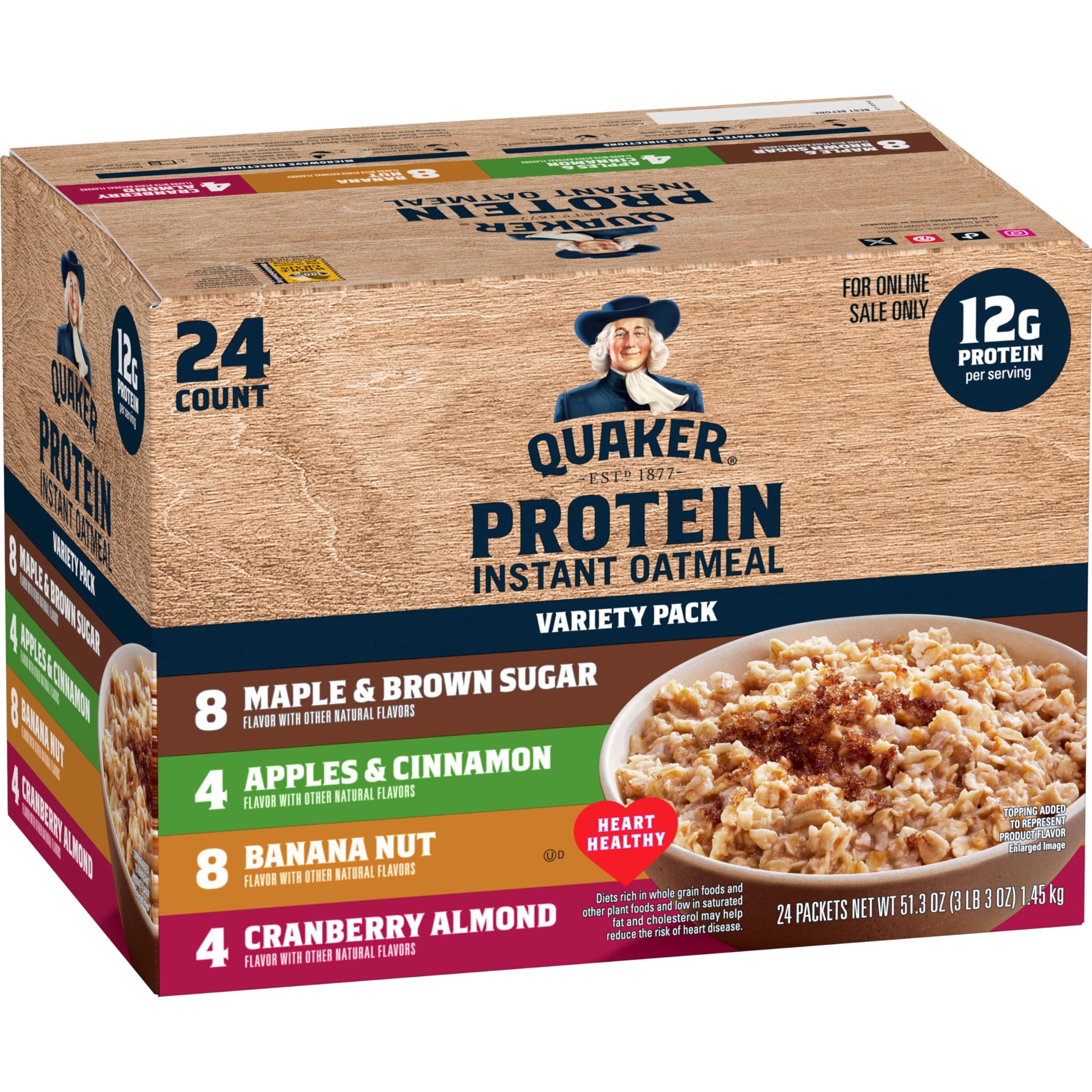 Quaker Instant Oatmeal, Protein AIF9 4 Flavor Variety Pack, 7g+ Protein ...
