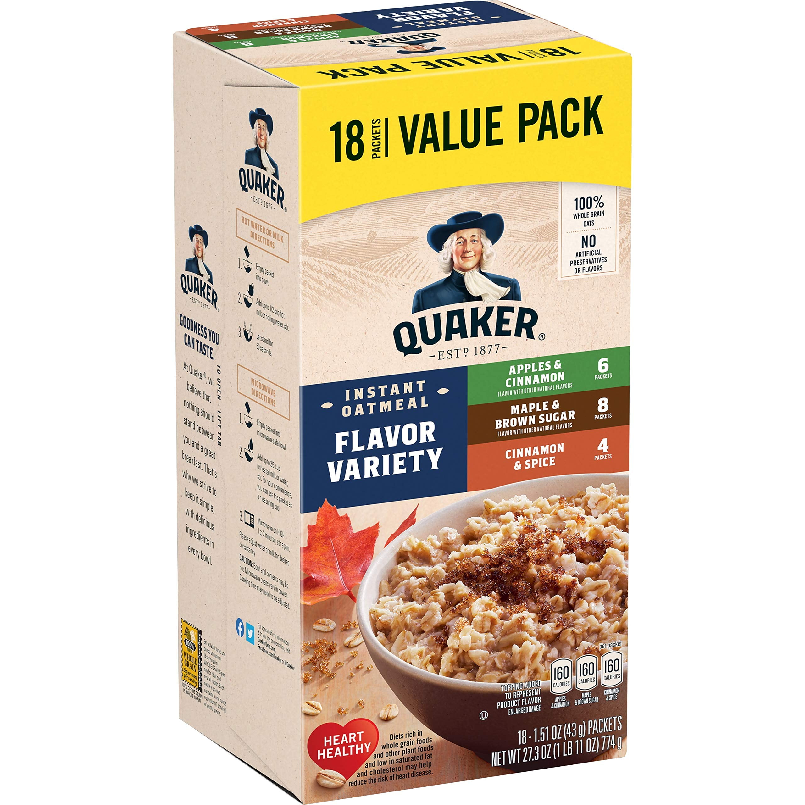 Quaker Instant Oatmeal, Variety Value Pack, 18 Count (Package May Vary ...
