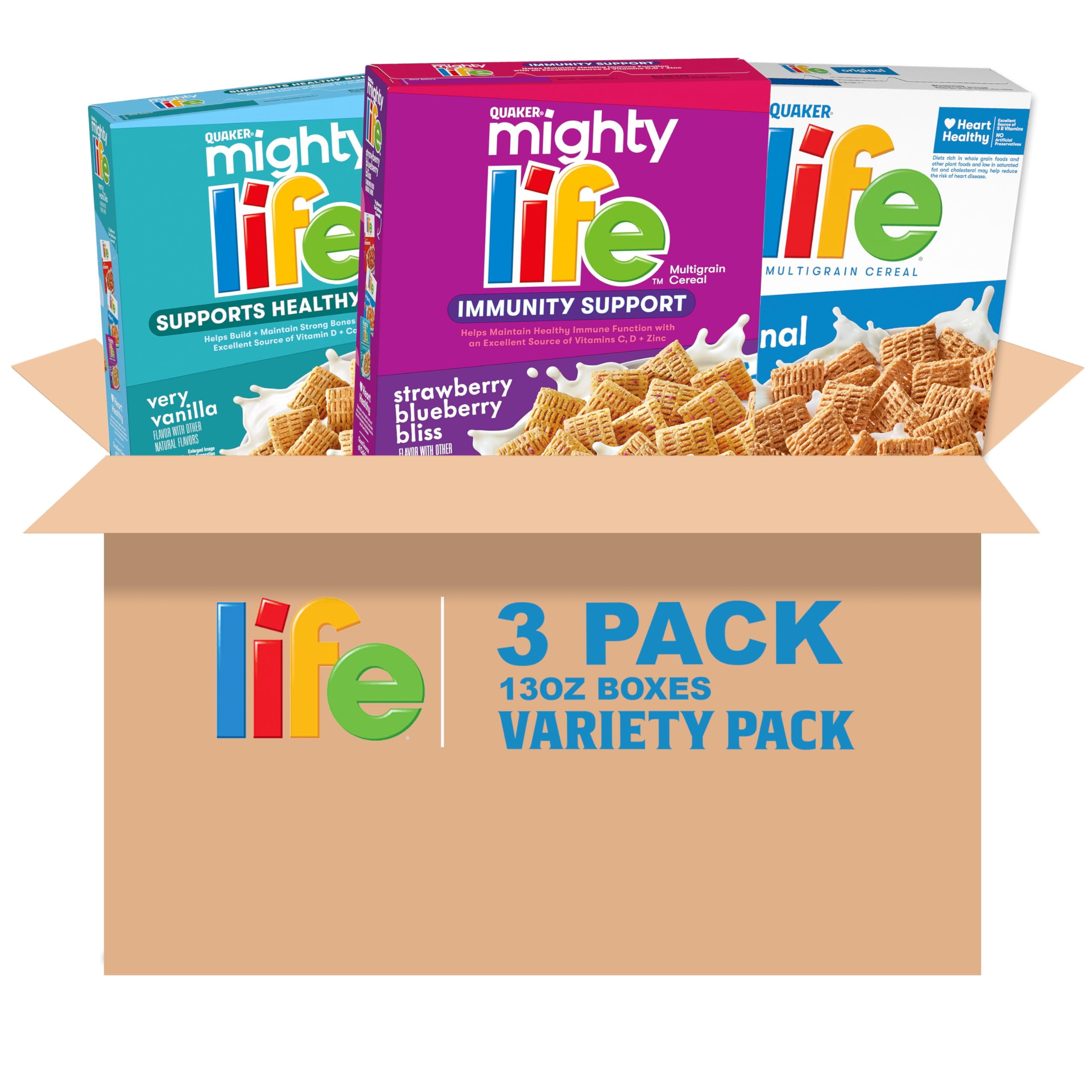 Quaker Mighty Life Multigrain Breakfast Cereal, 3 Flavor Variety Pack ...