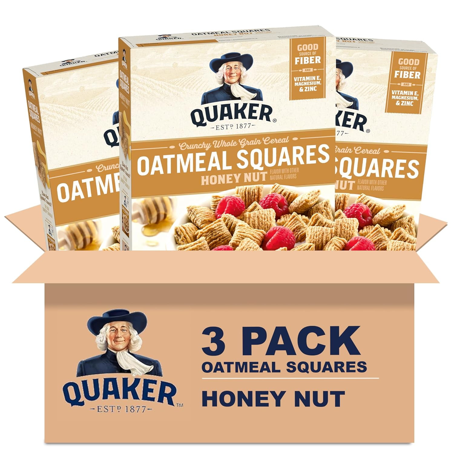 Quaker Oatmeal Squares Crunchy Whole Grain Breakfast Cereal, Honey Nut ...