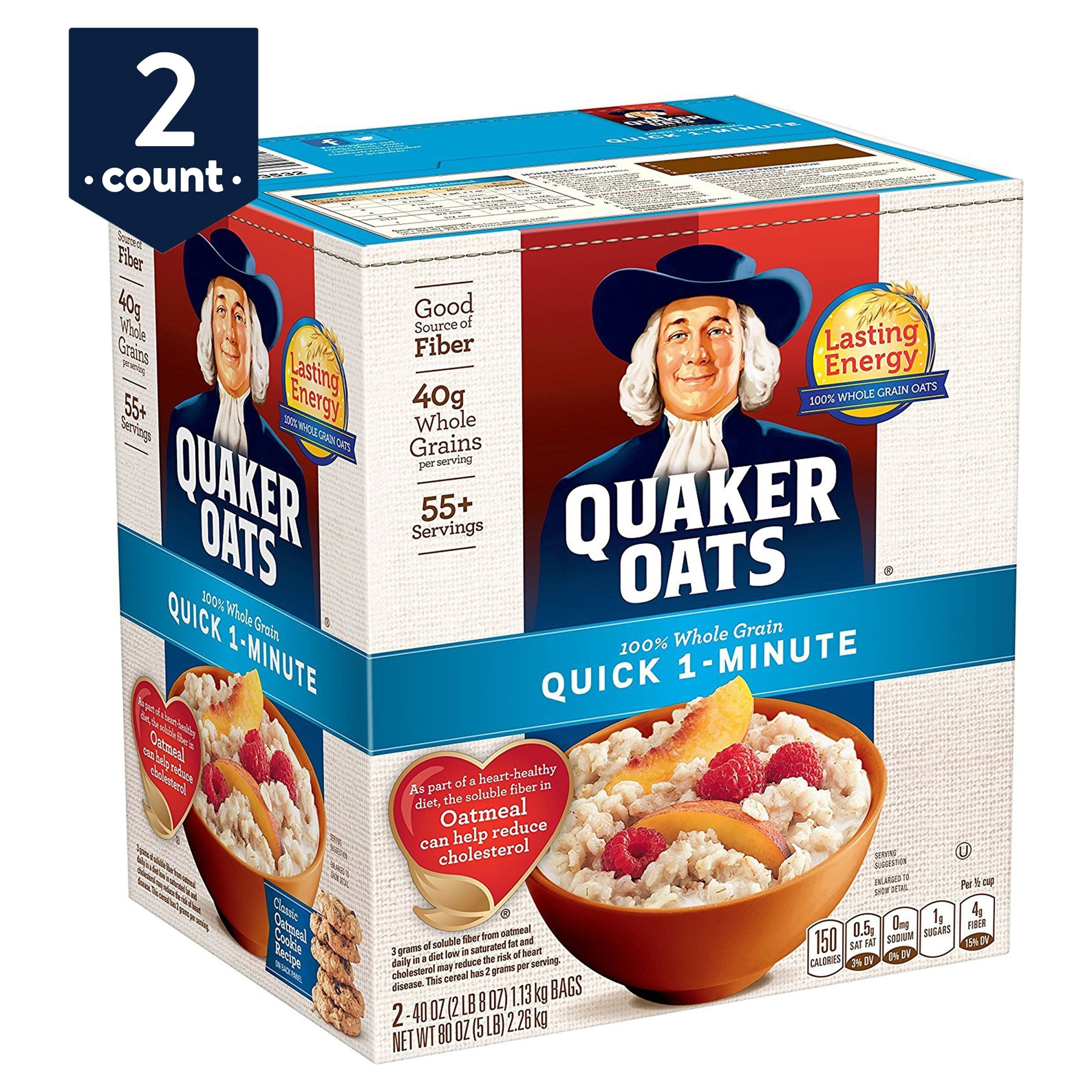 Quaker Oats, Quick 1-Minute Oatmeal, Breakfast Cereal, 40 oz Bags, 2 ...