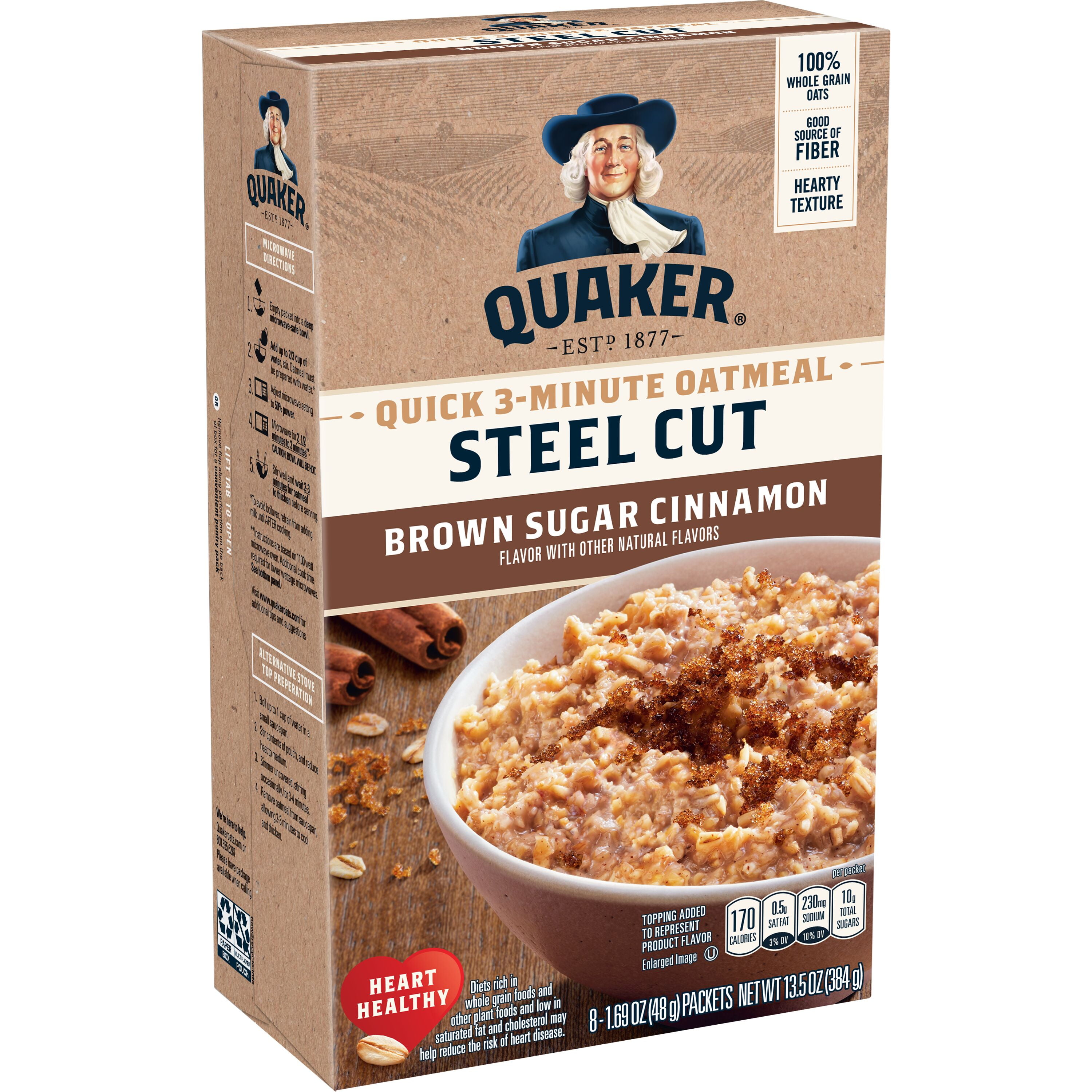Quaker Steel Cut Quick 3 Minute Oatmeal, Brown Sugar & Cinnamon, 1.69 ...