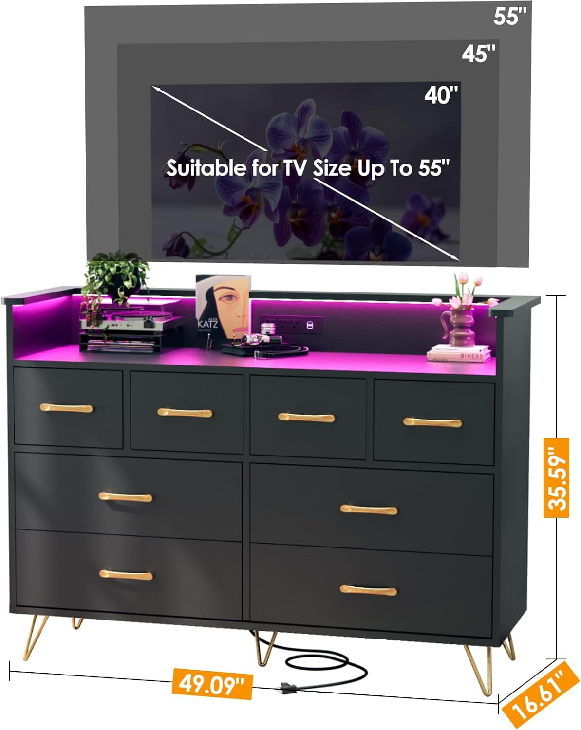 Quality Brands Stylish Black Dresser with 8 Drawers, LED Lighting ...