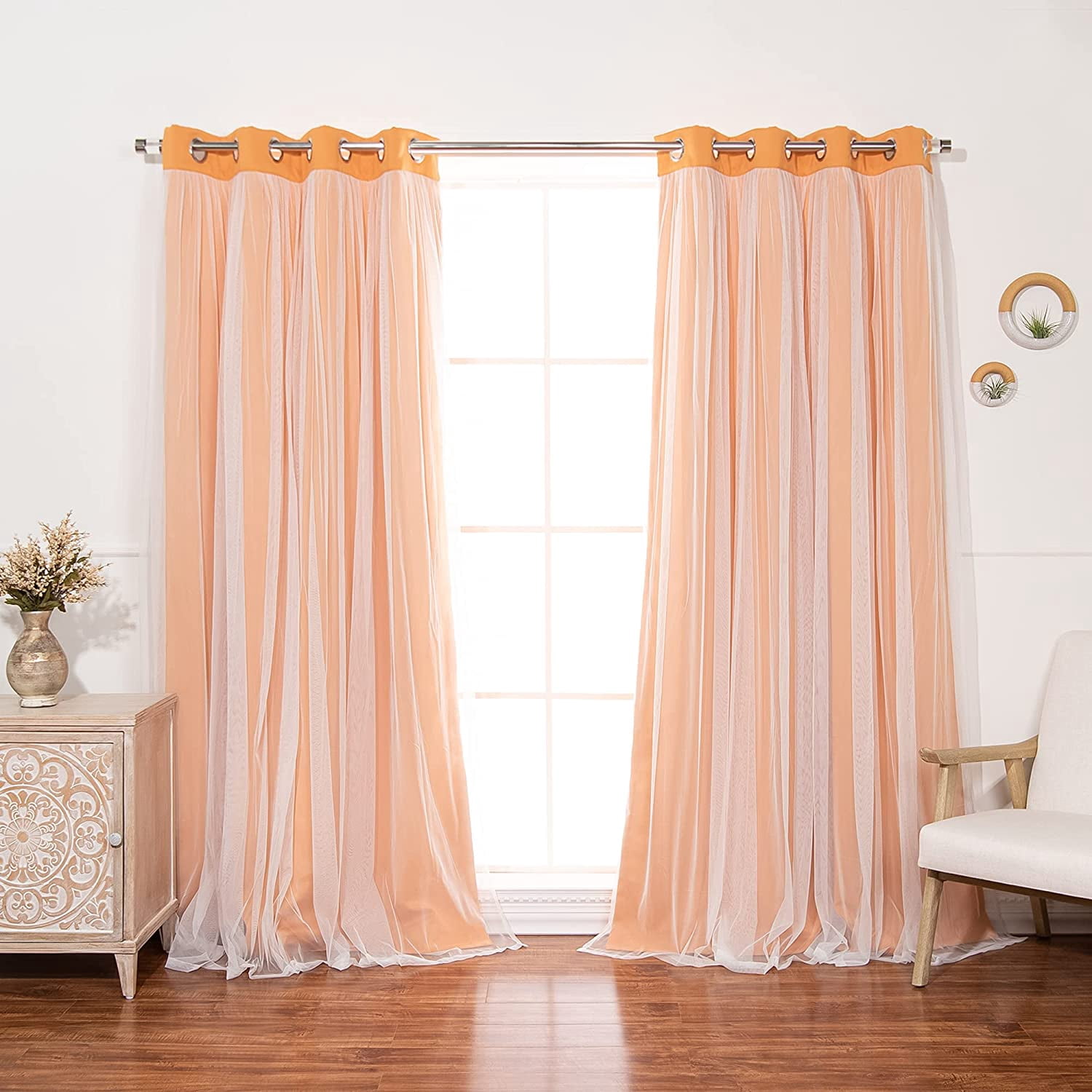 "Quality Home Gathered Tulle Overlay Blackout Curtain Panel Pair ...