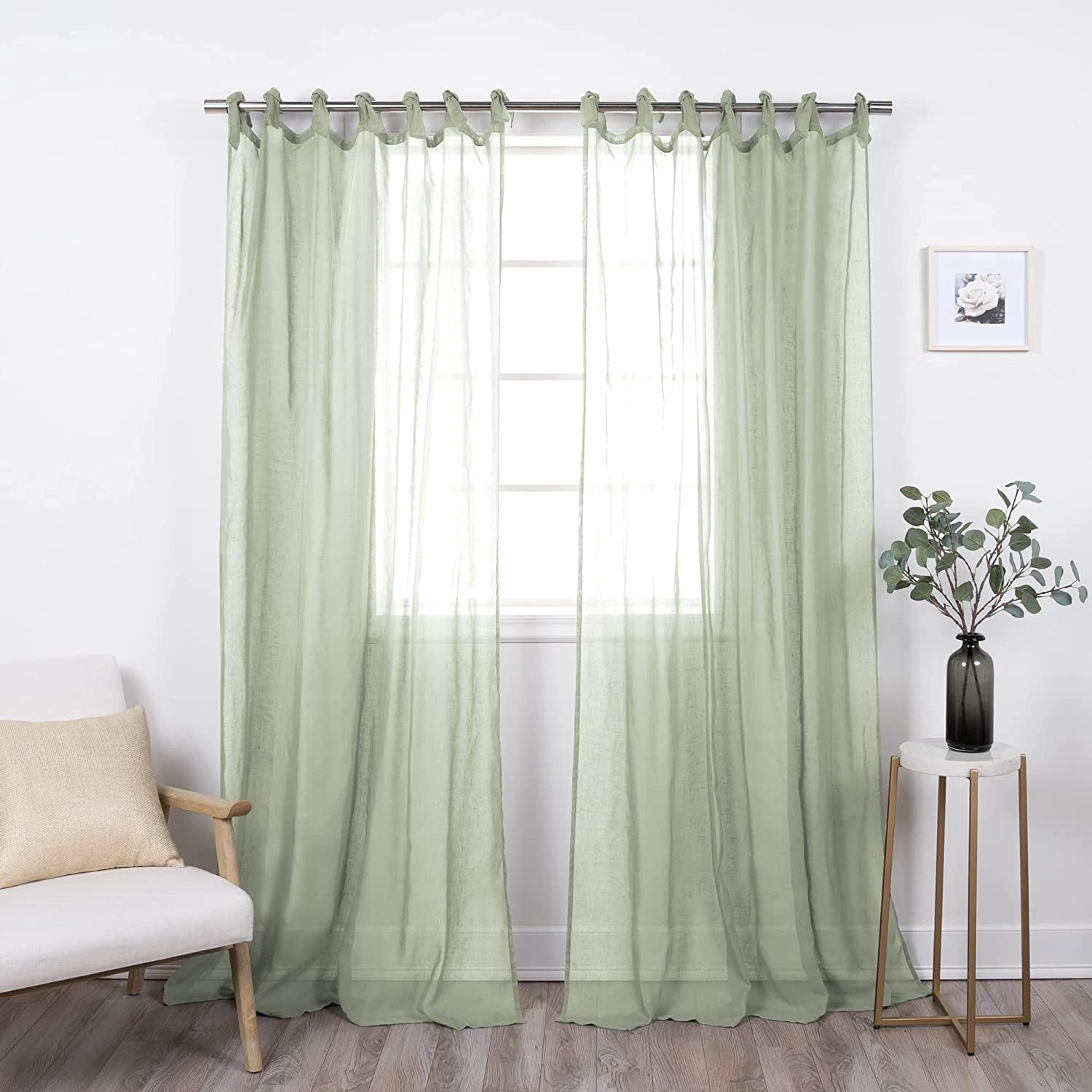 Quality Home Sheer Linen Look Romantic Tie Top Curtains - Walmart.com